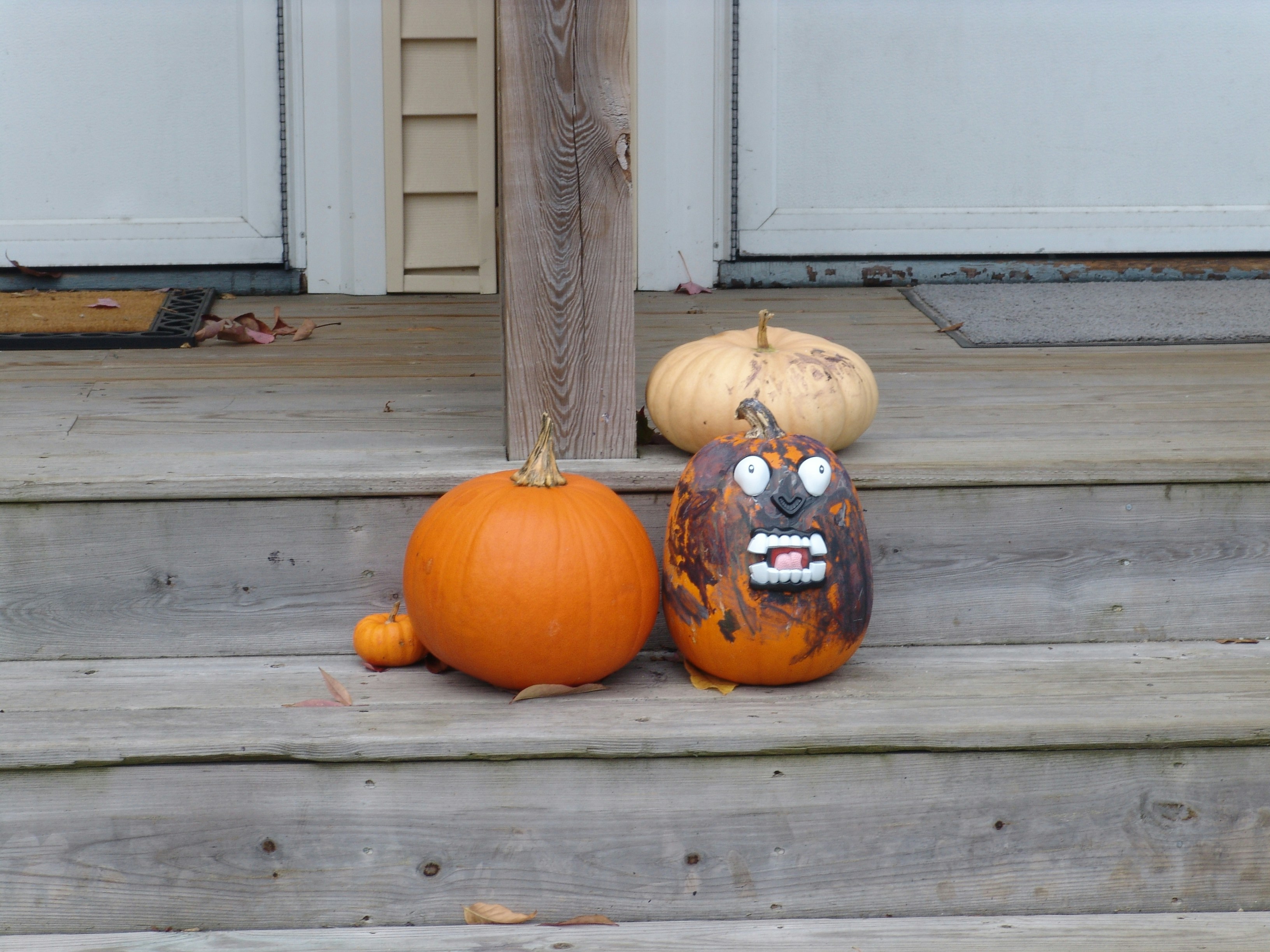 Three creatively decorated pumpkins on wooden steps, showcasing playful expressions and seasonal charm.