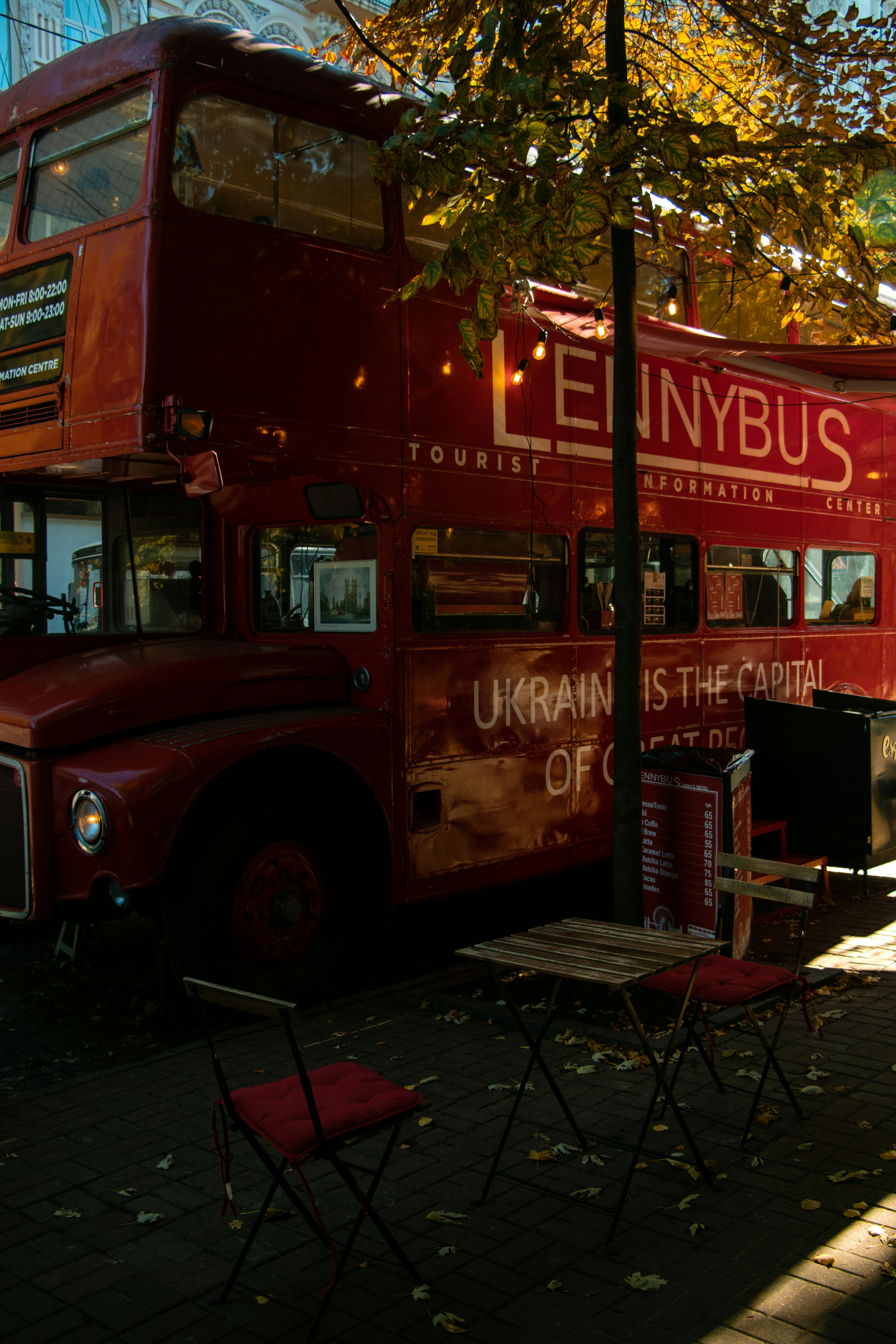 Red British bus which is now staying in the Kyiv street as a cafe