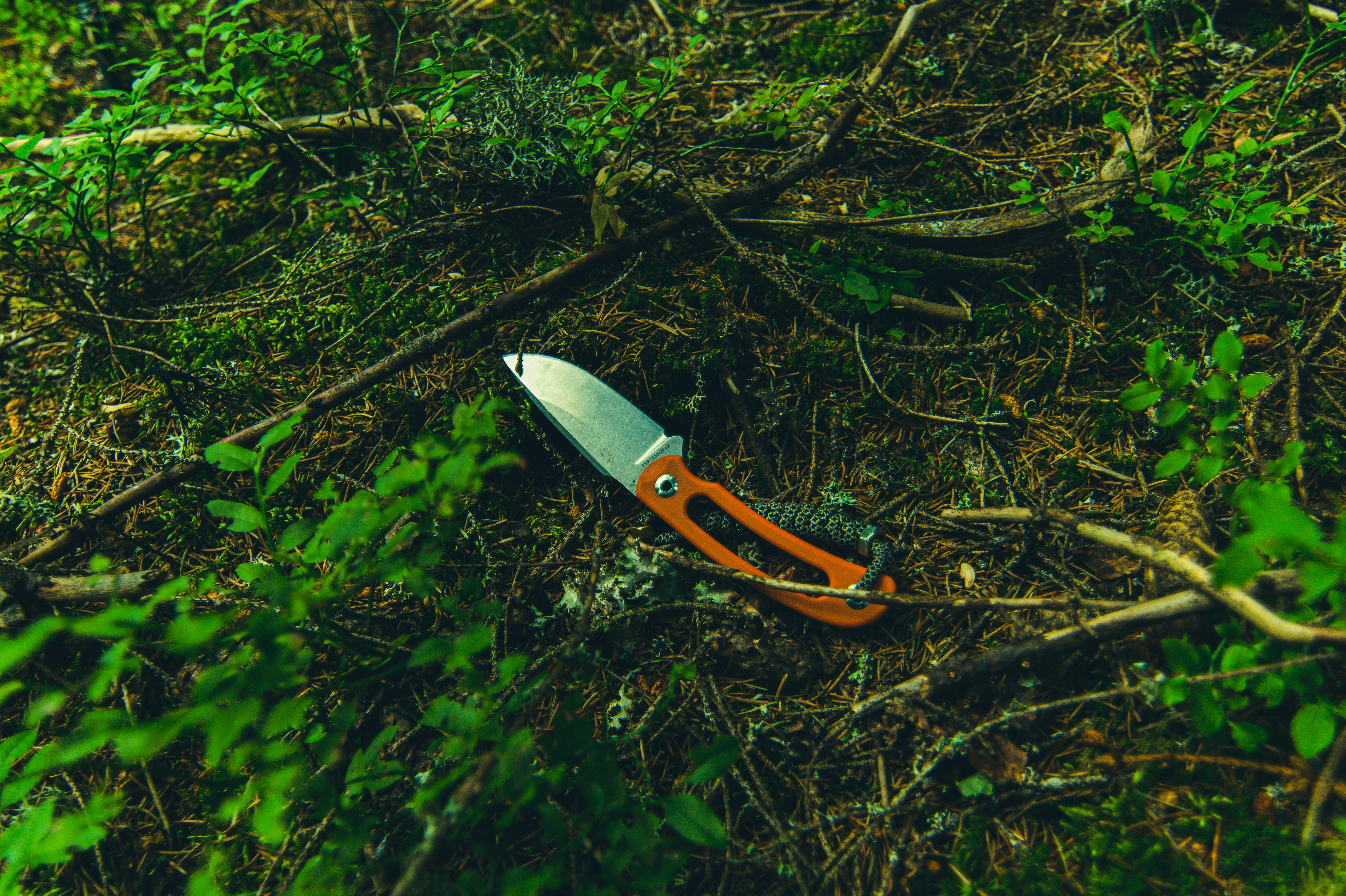 A vibrant orange-handled knife rests among the earthy tones of fallen leaves and twigs in a forest setting.