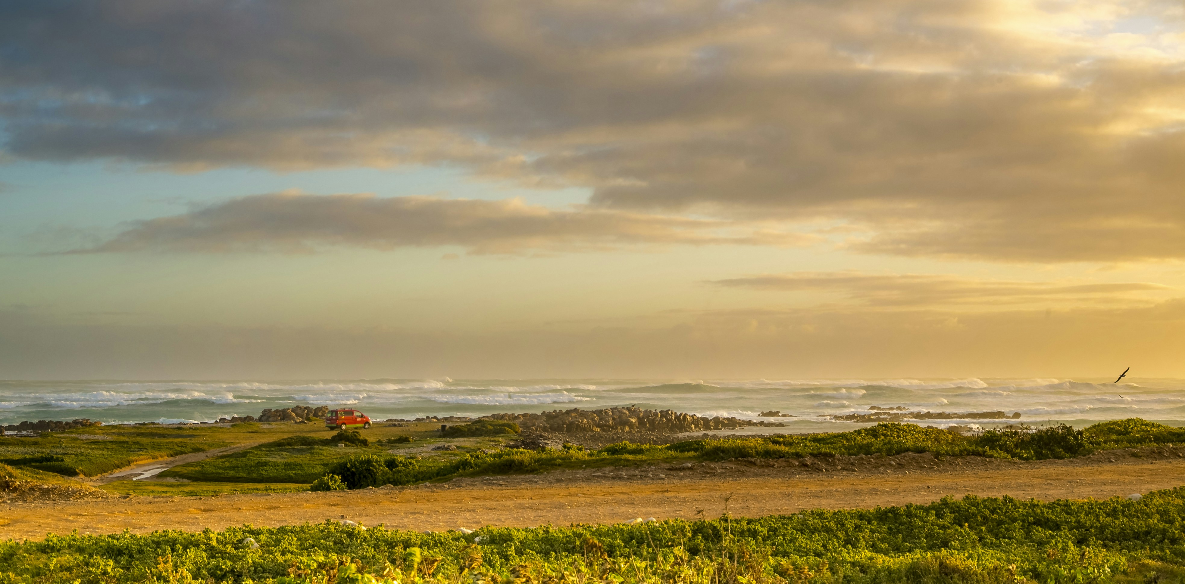Golden Shoreline at Dusk: Tranquil Plains Meet the Sea