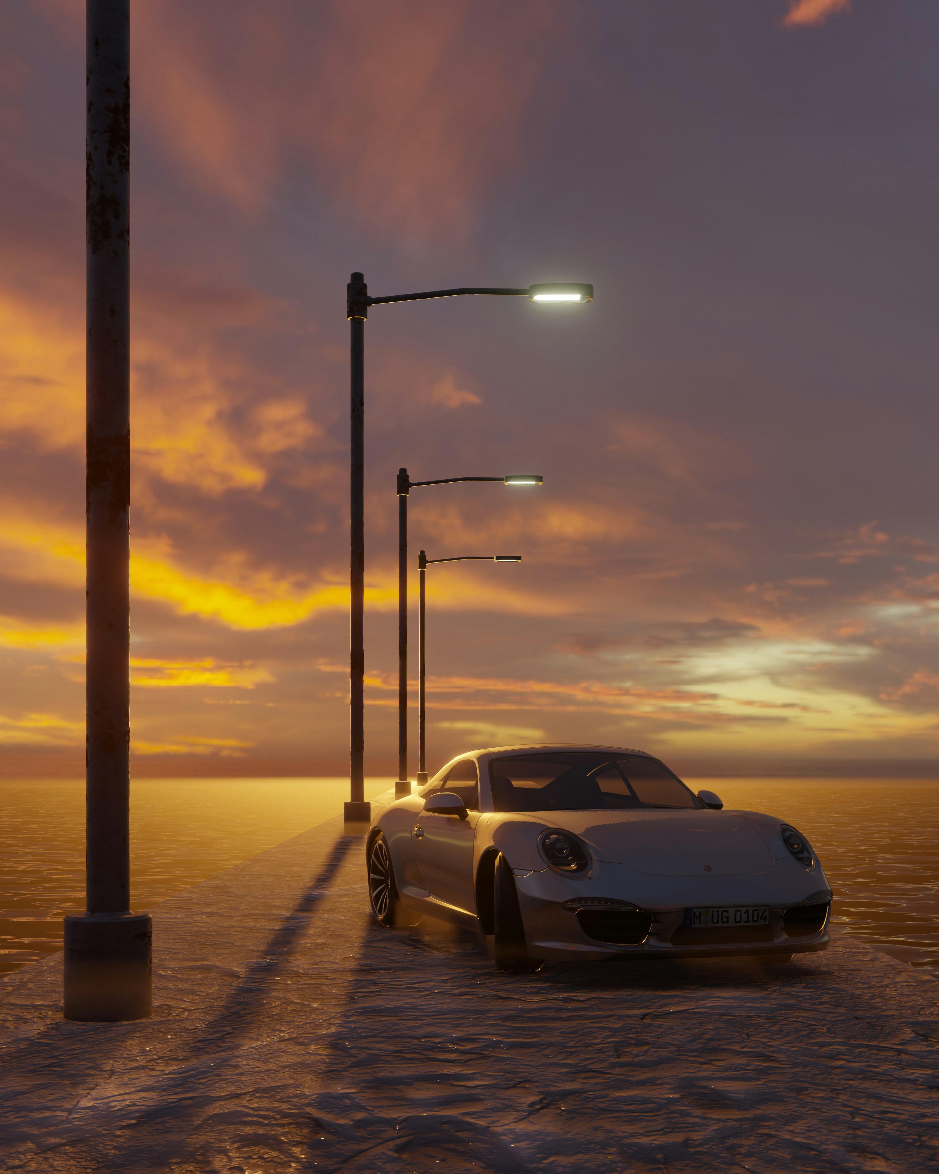 A car parked on a road by a pole and a sunset photo – Free Automobile ...