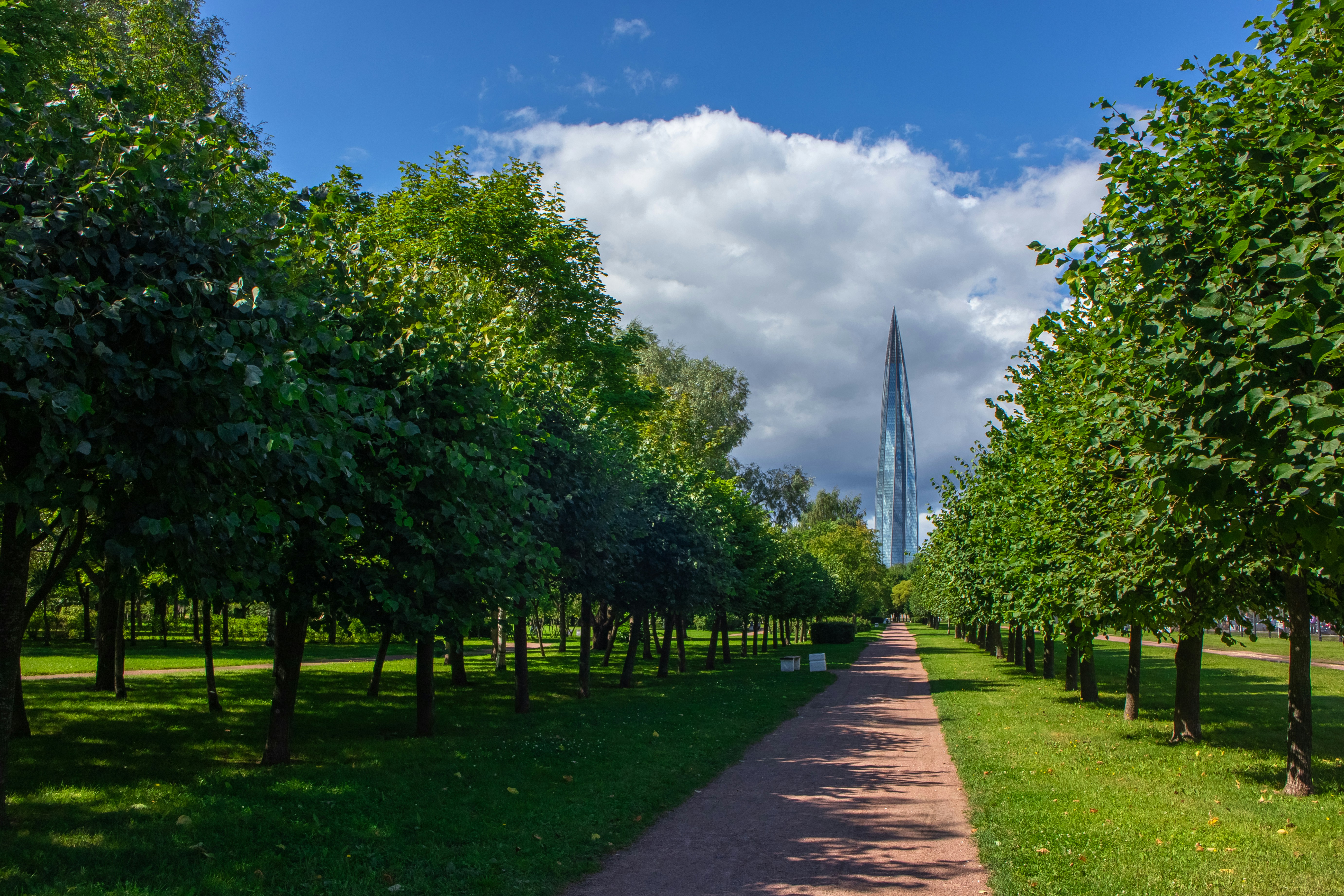 Tree-lined Avenue toward a Modern Spire