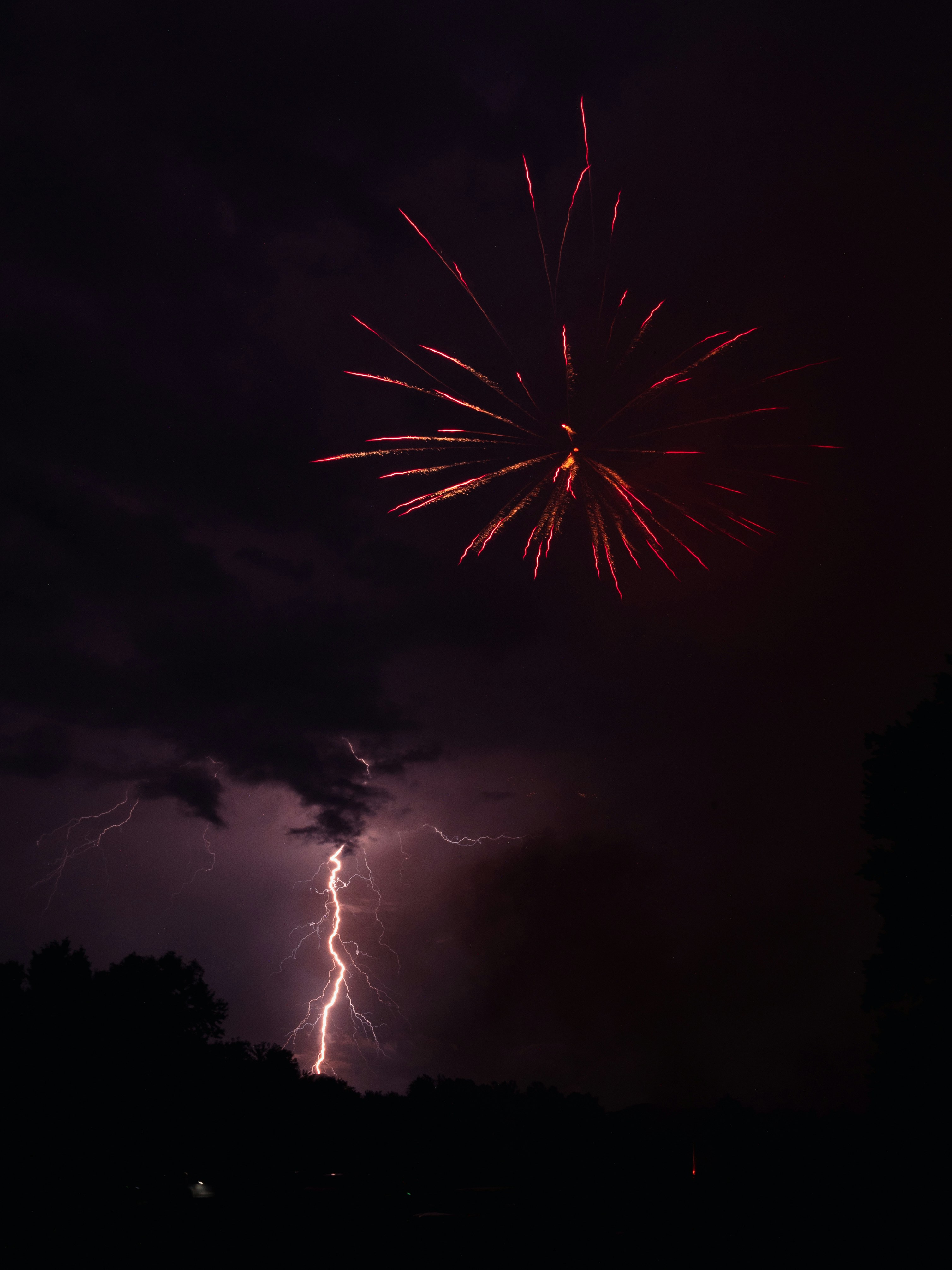Red Firework Bloom Over a Thunder-Split Night
