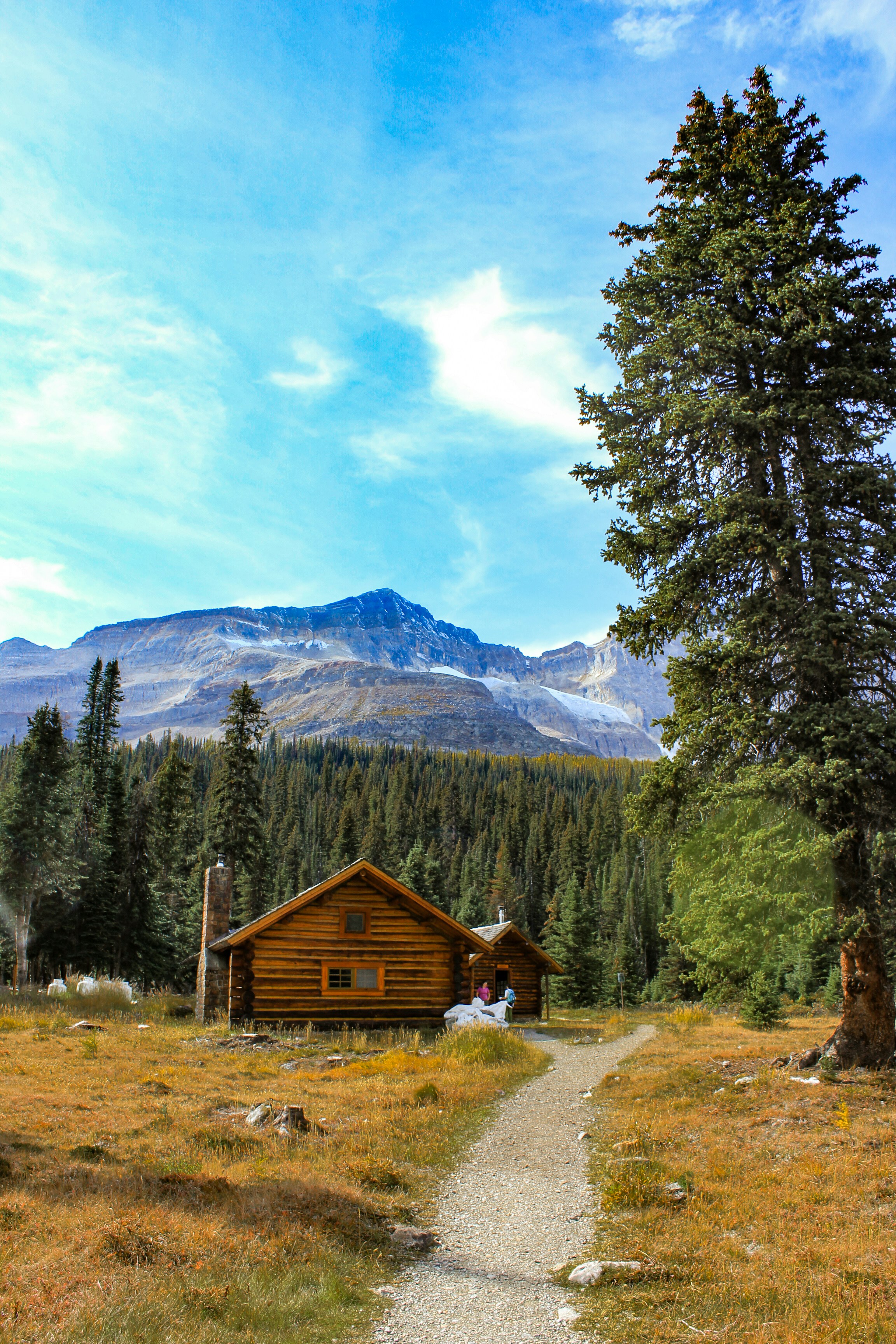A house with a dirt road and trees and mountains in the background ...
