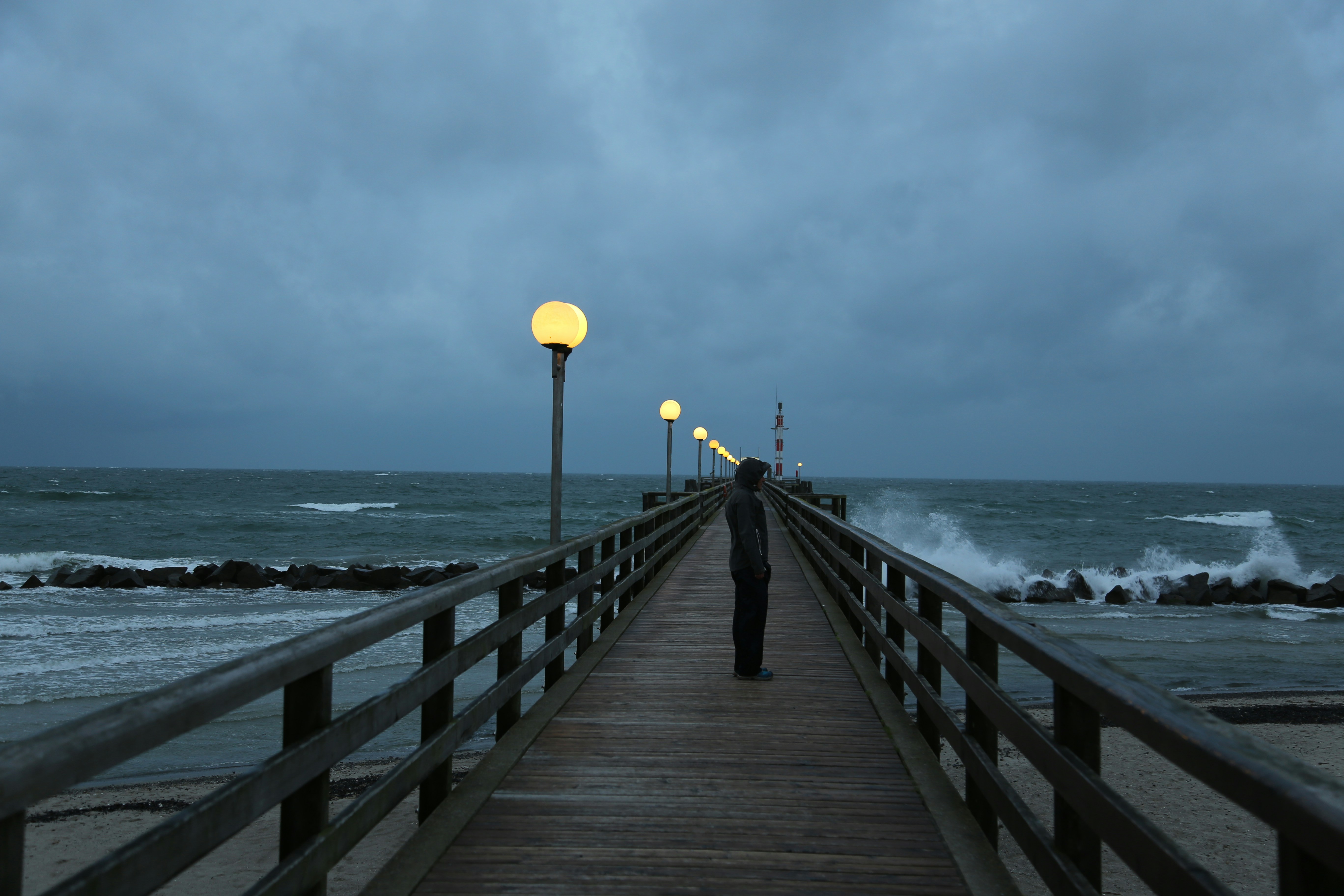Toward the Lanterned Horizon: A Quiet Pier at Blue Hour