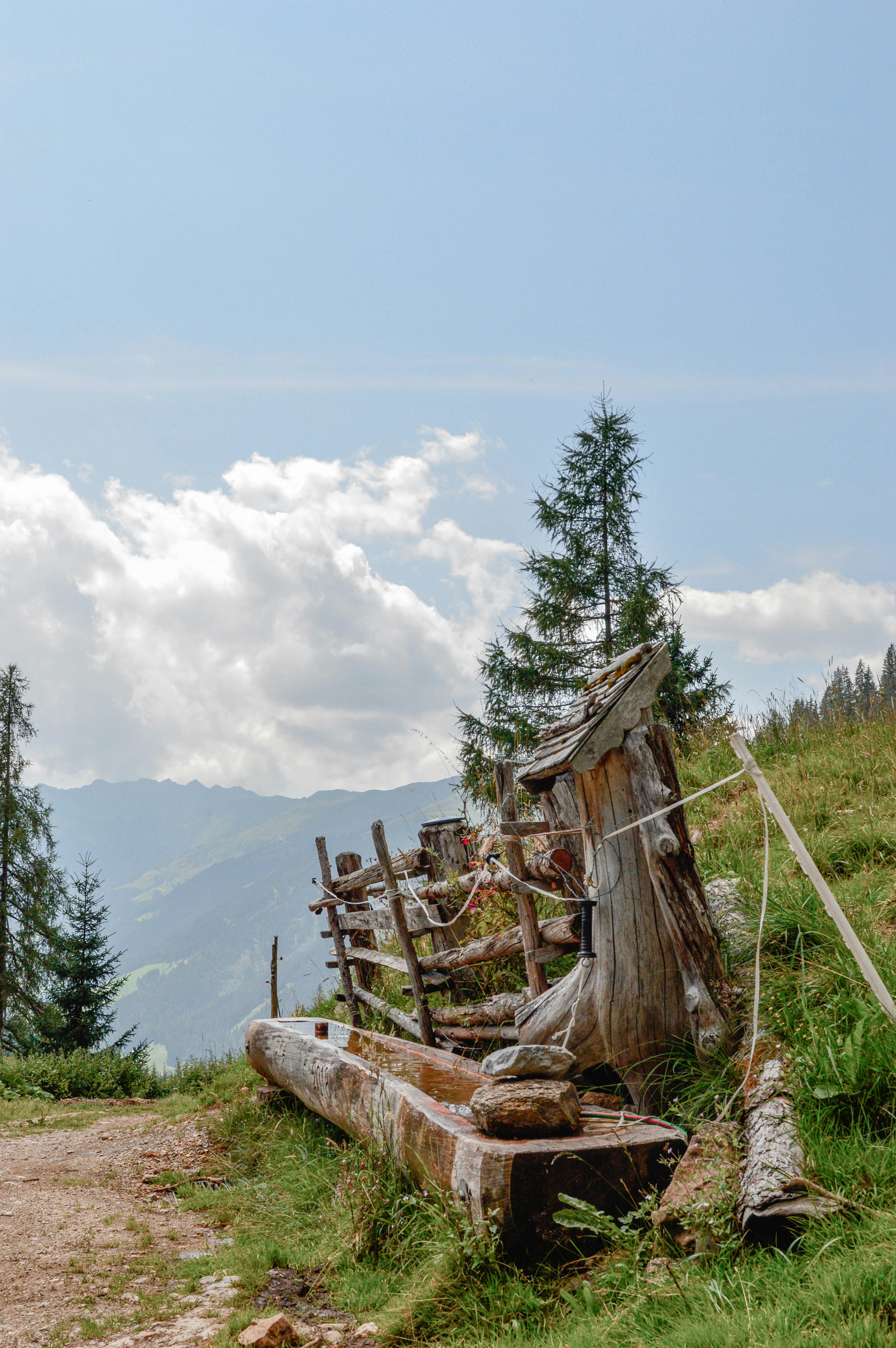 Weathered Alpine Shelter by a Rustic Log Bench