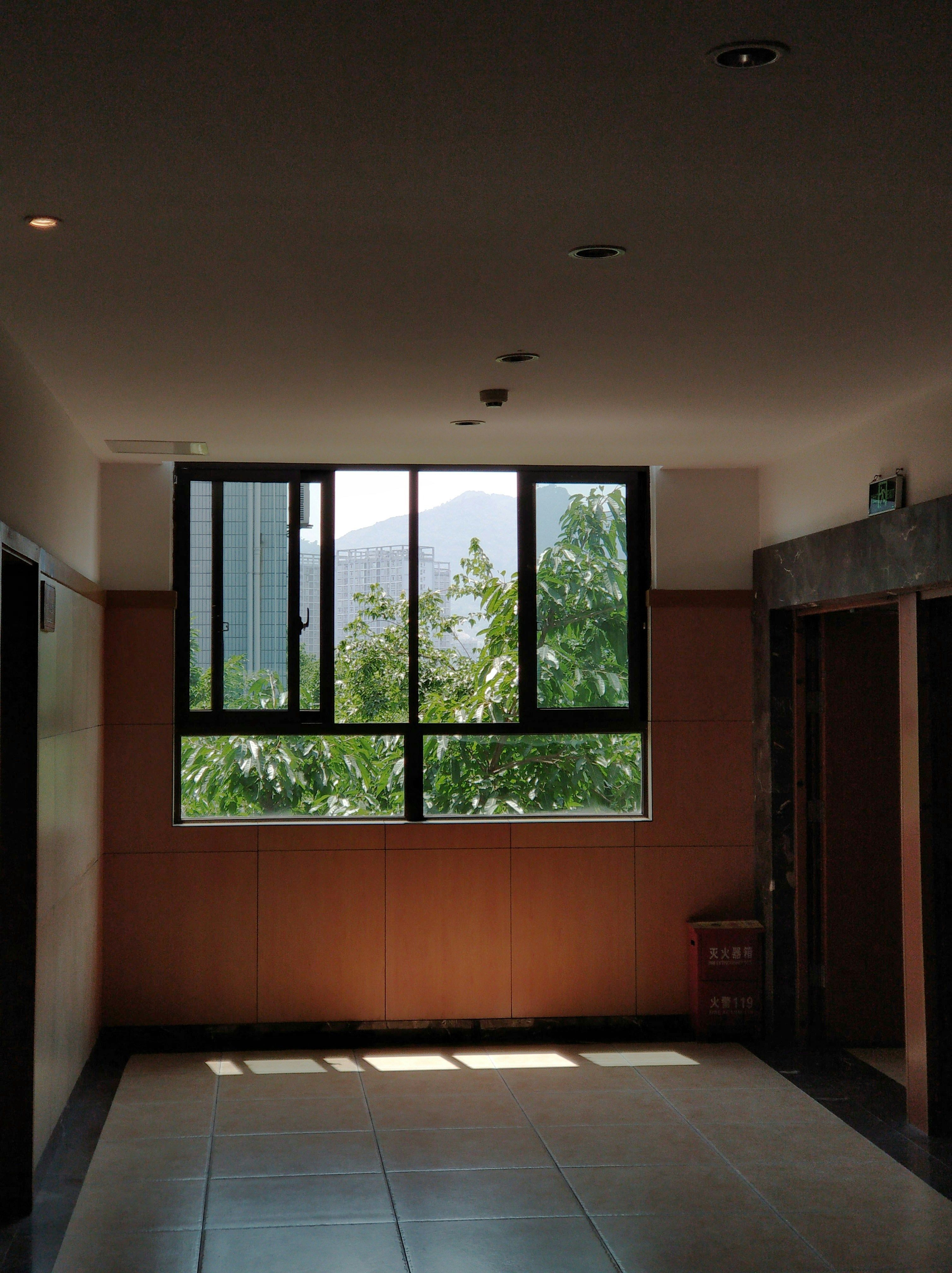 A bright corridor featuring a large window framed by greenery, revealing a distant mountain backdrop. Sunlight casts shadows on the tiled floor.