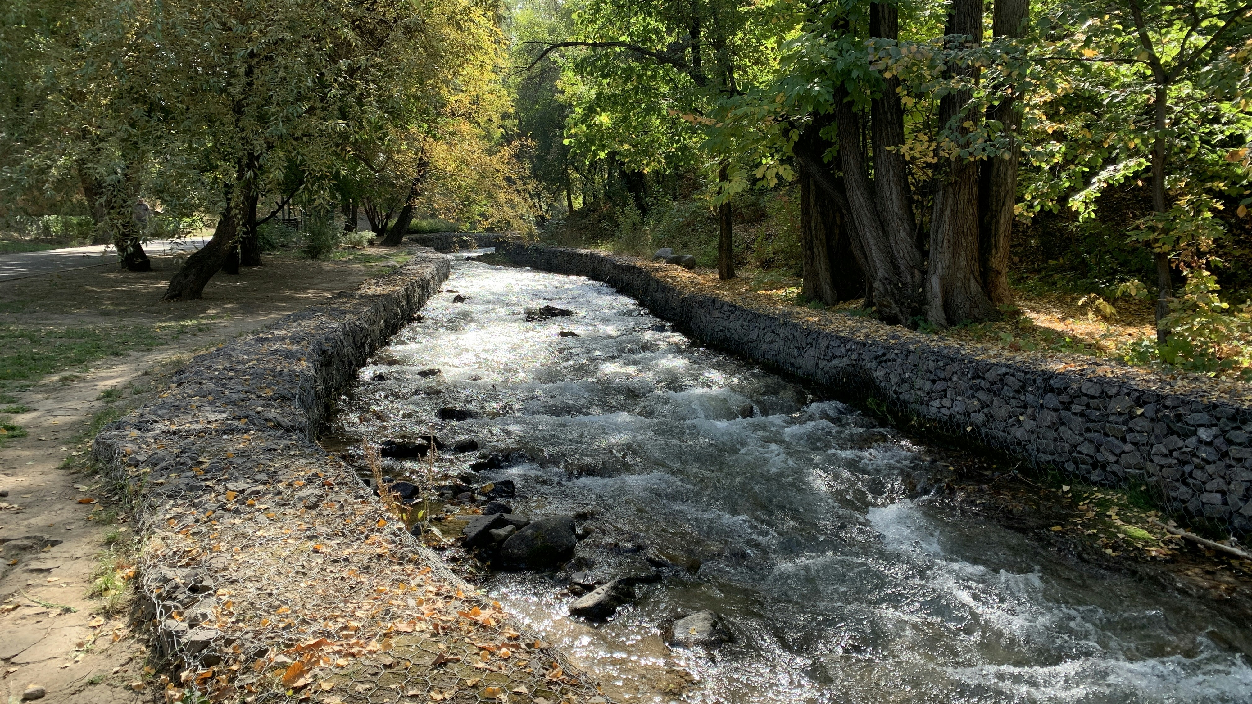 A stream with a stone wall and trees on either side of it photo – Free ...