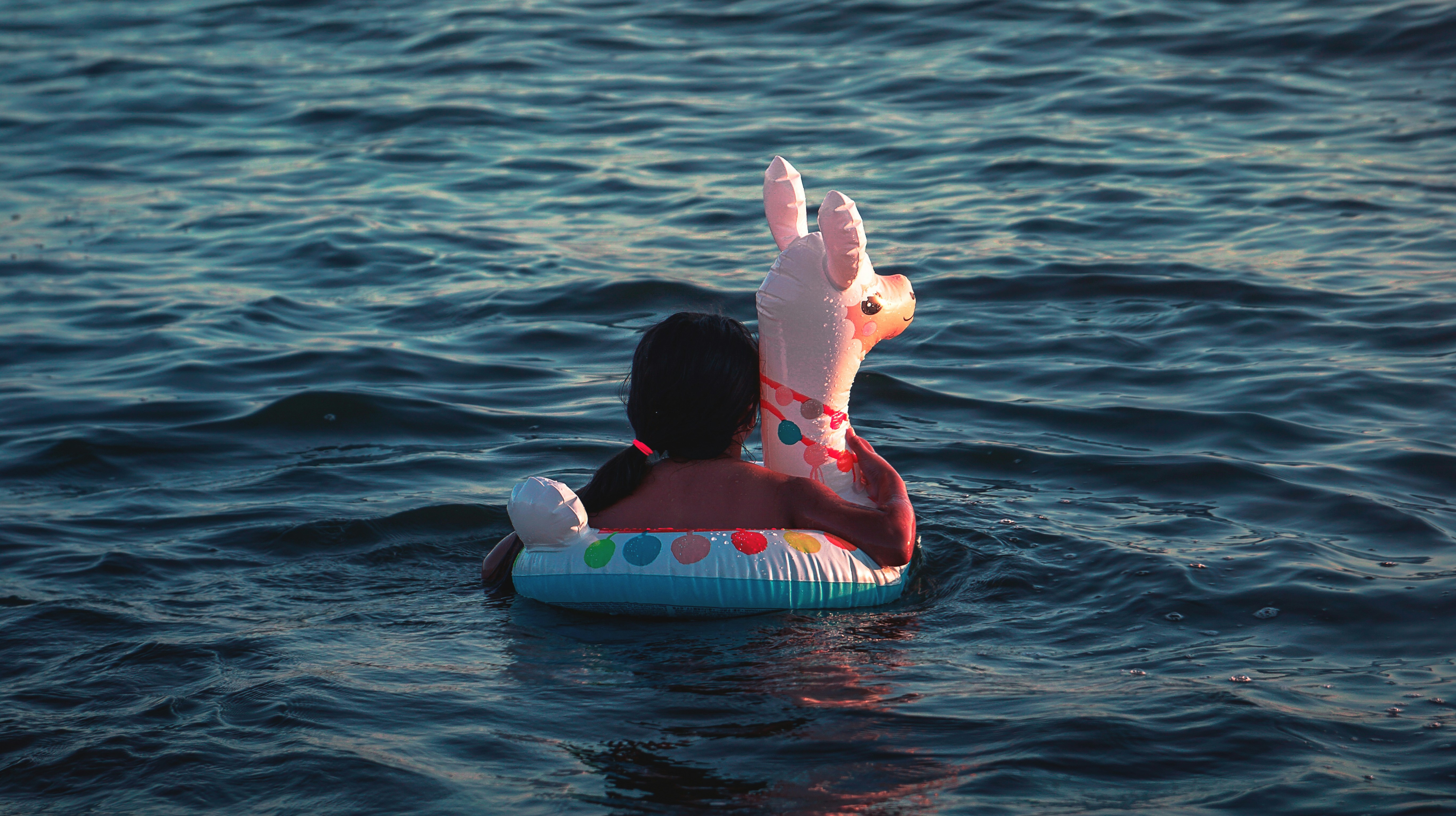 A person in a floaty in the water with a stuffed animal photo – Free ...