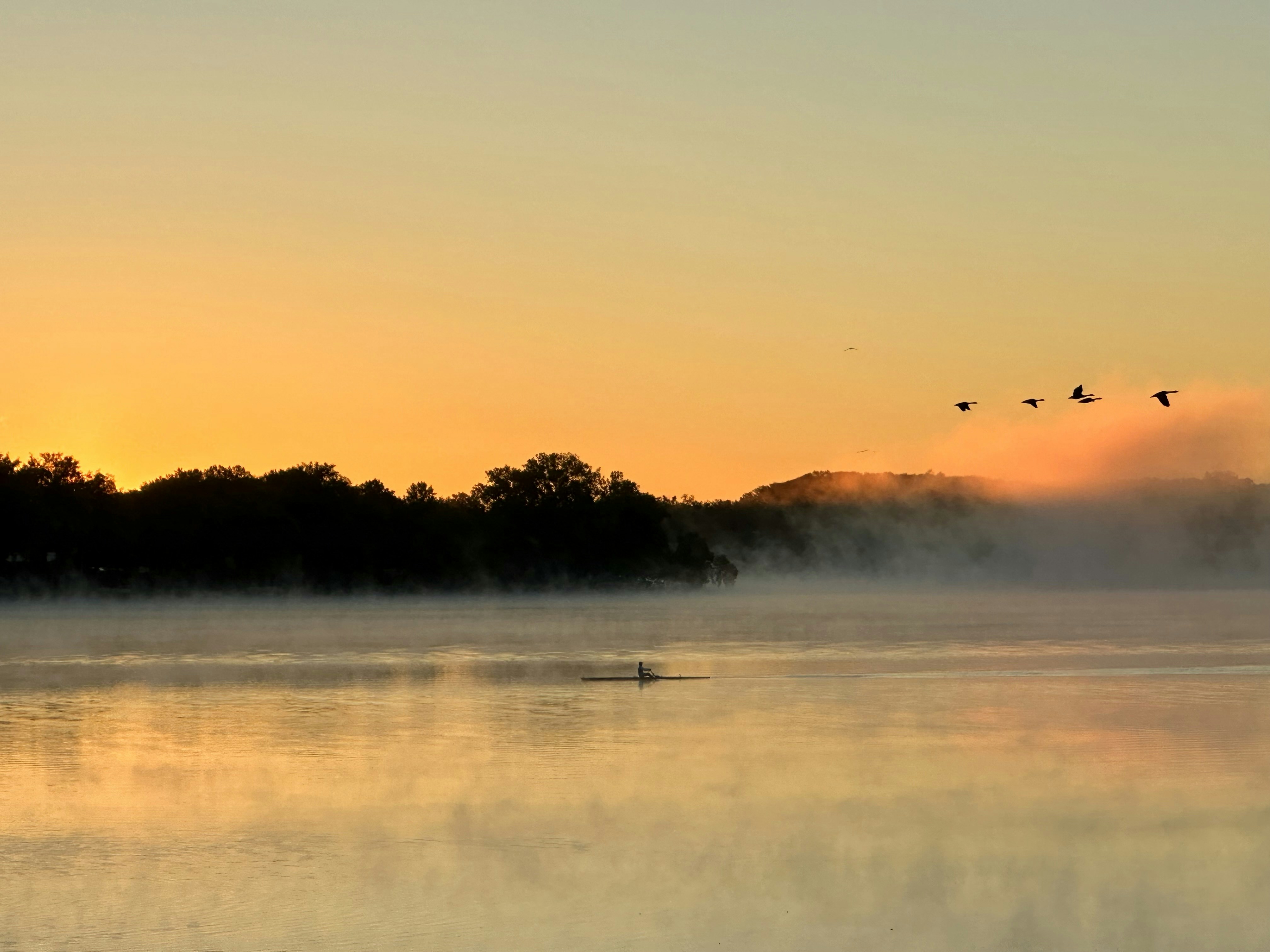 Dawn's Mist over a Quiet River: A Lone Boat and Birds in Flight