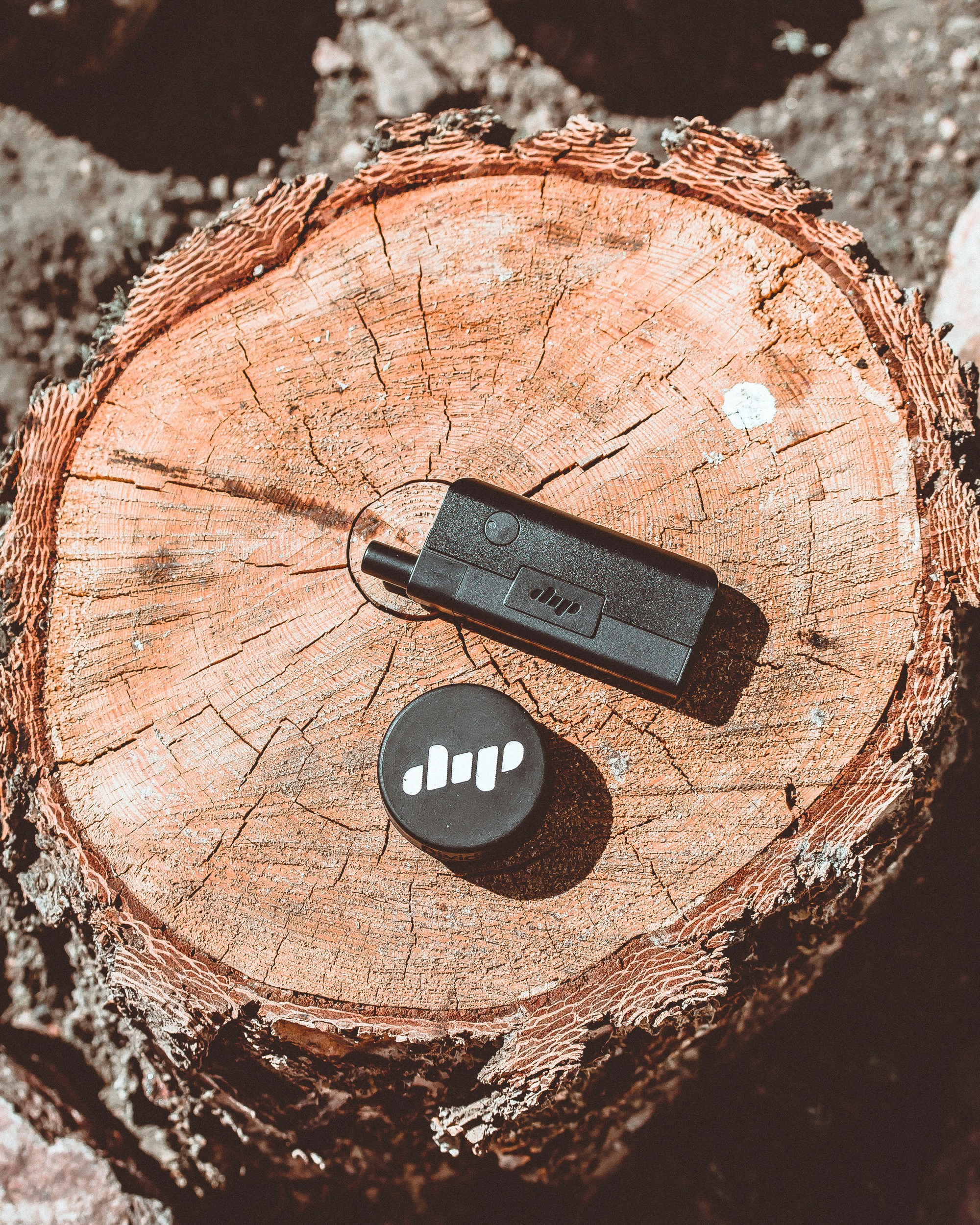 A Dip Devices EVRI 3-in-1 multifunction vape pen and electric dab straw is placed on a stump beside a container of cannabis concentrate. Get yours at https://dipdevices.com/
