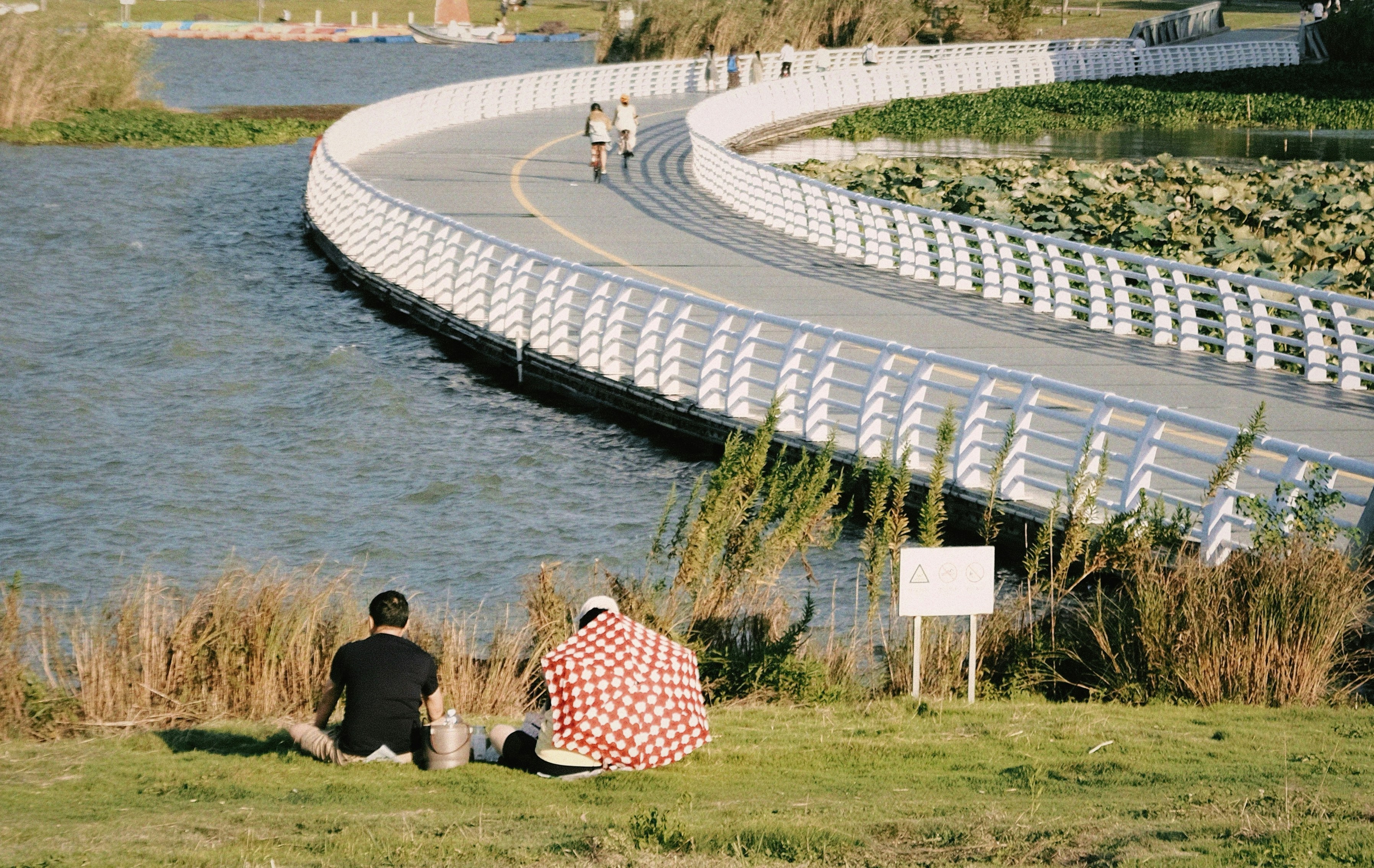 Two people sitting on grass near a winding bridge over water with cyclists in the distance.
