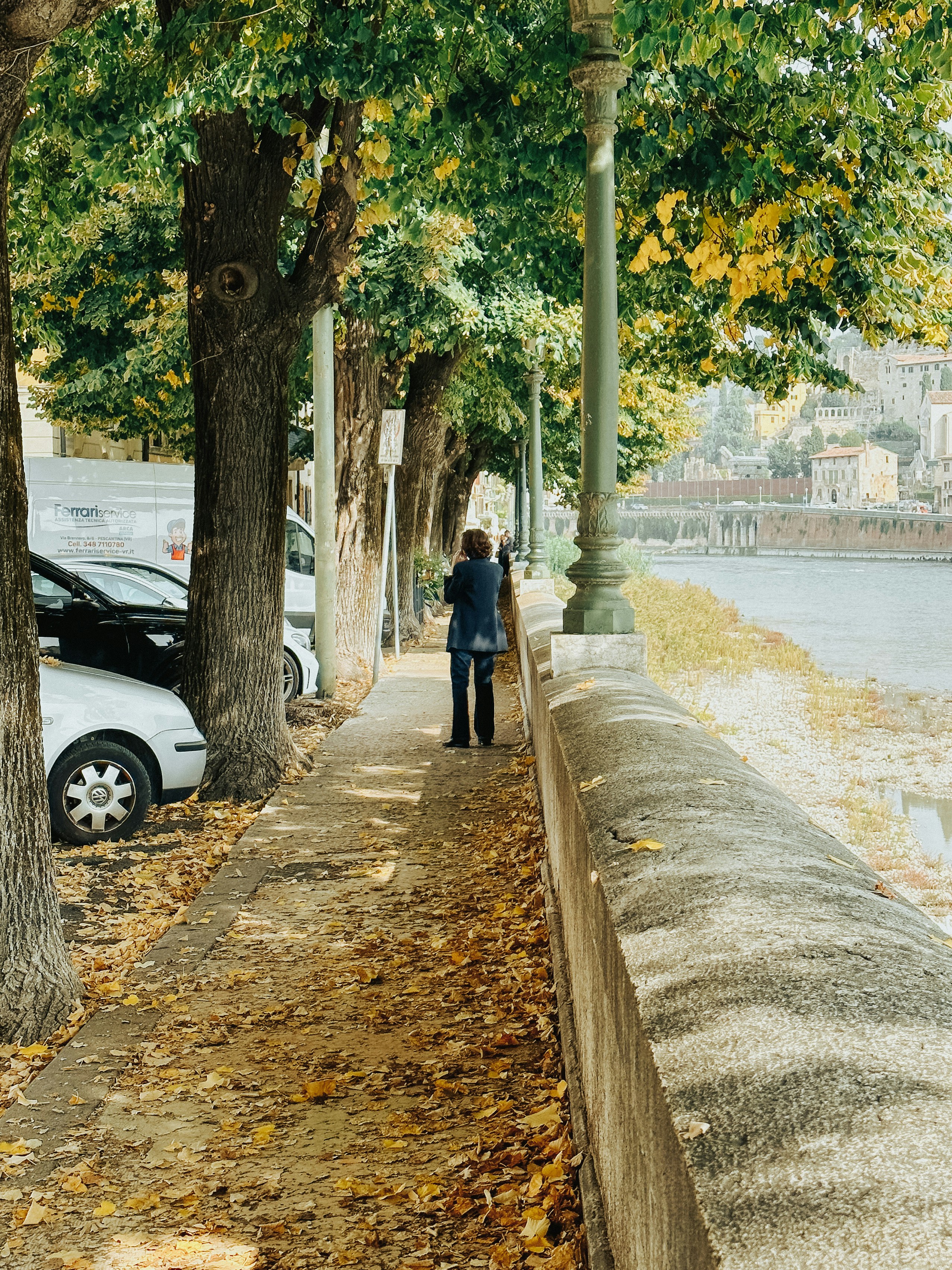 Riverwalk Solitude: A lone figure under a gold-green canopy along the riverbank