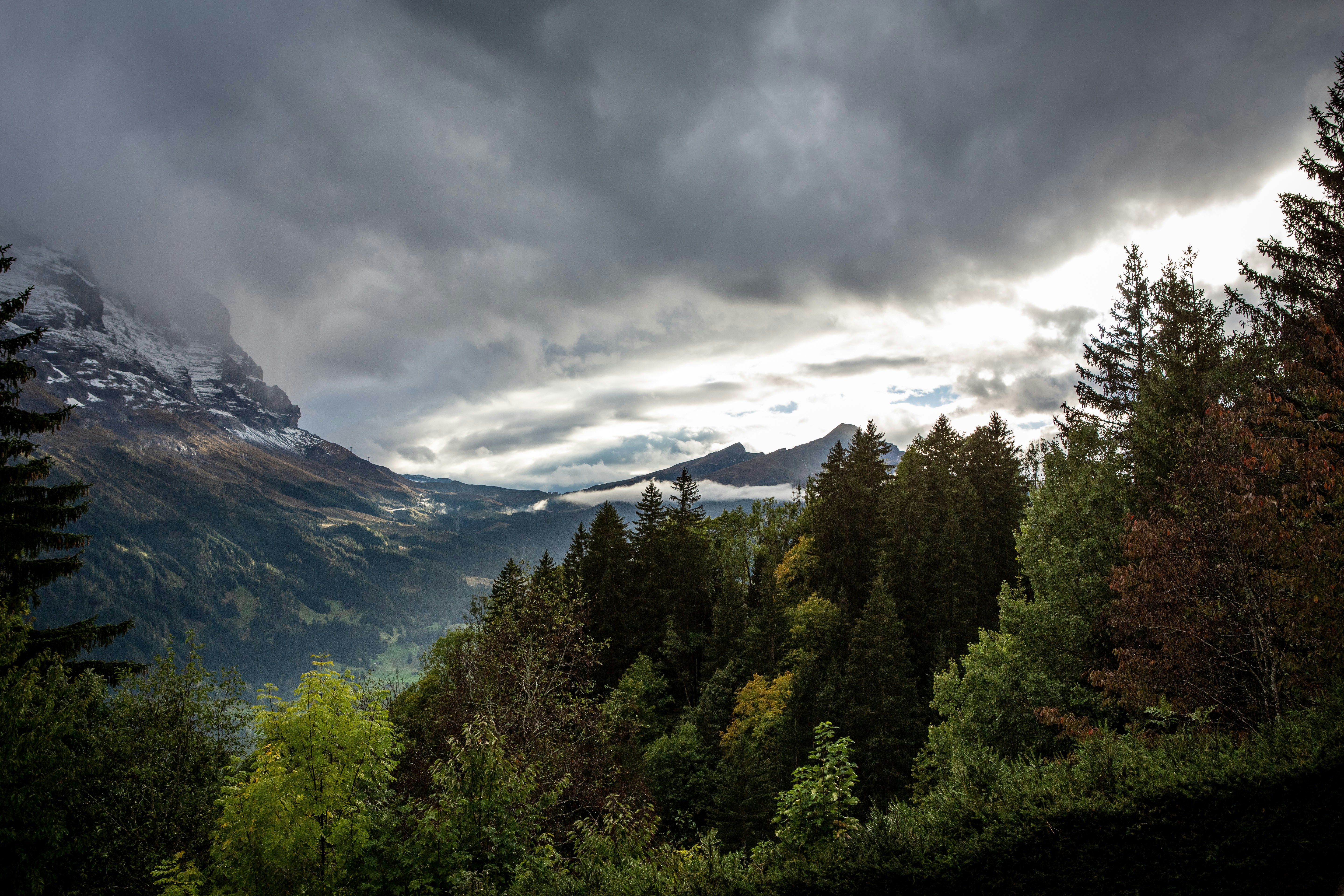 Snow-Tipped Ridge Over a Verdant Valley Under a Brooding Sky
