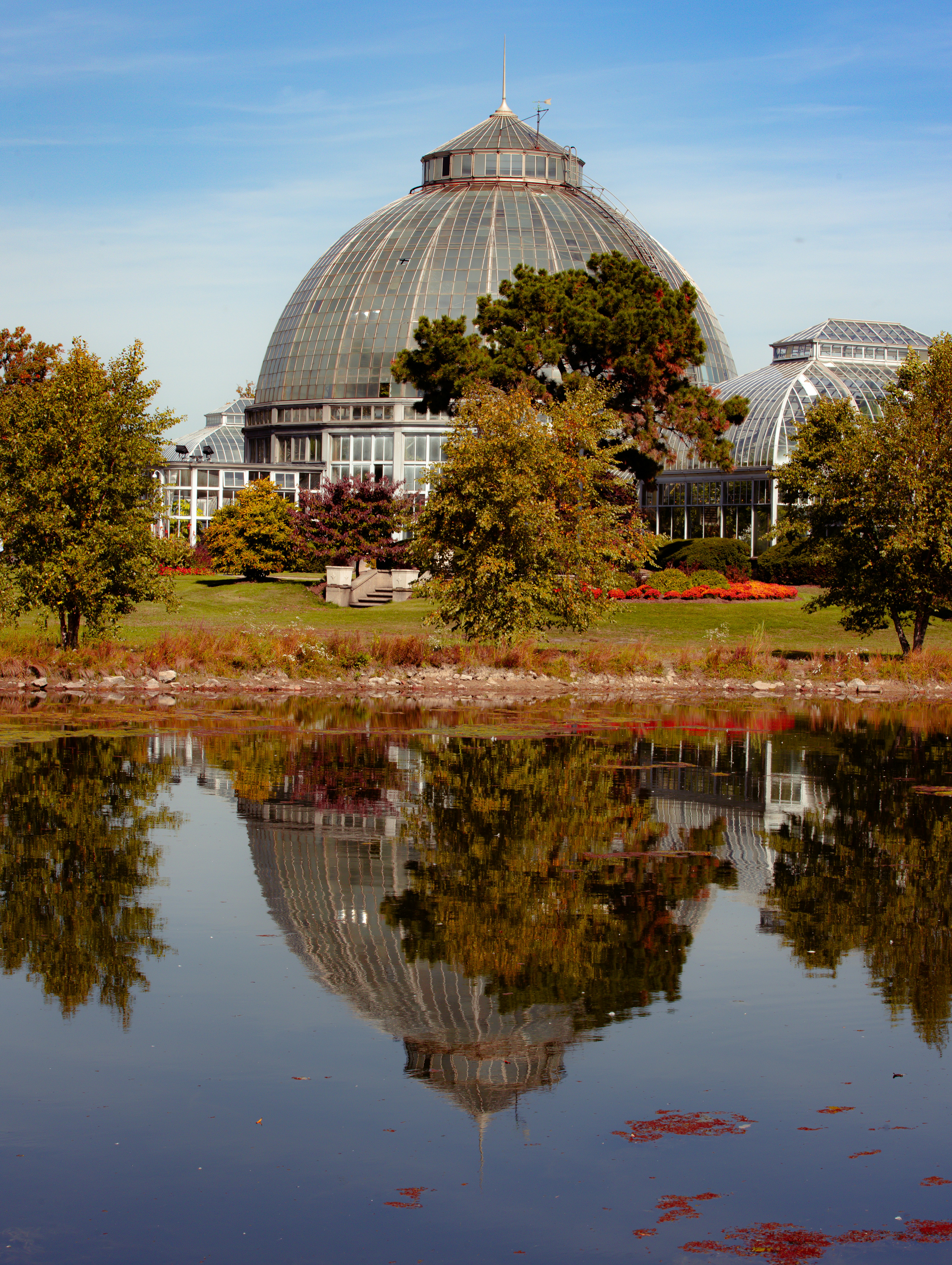 Glass Dome Over Lake: Autumn Reflections at the Conservatory
