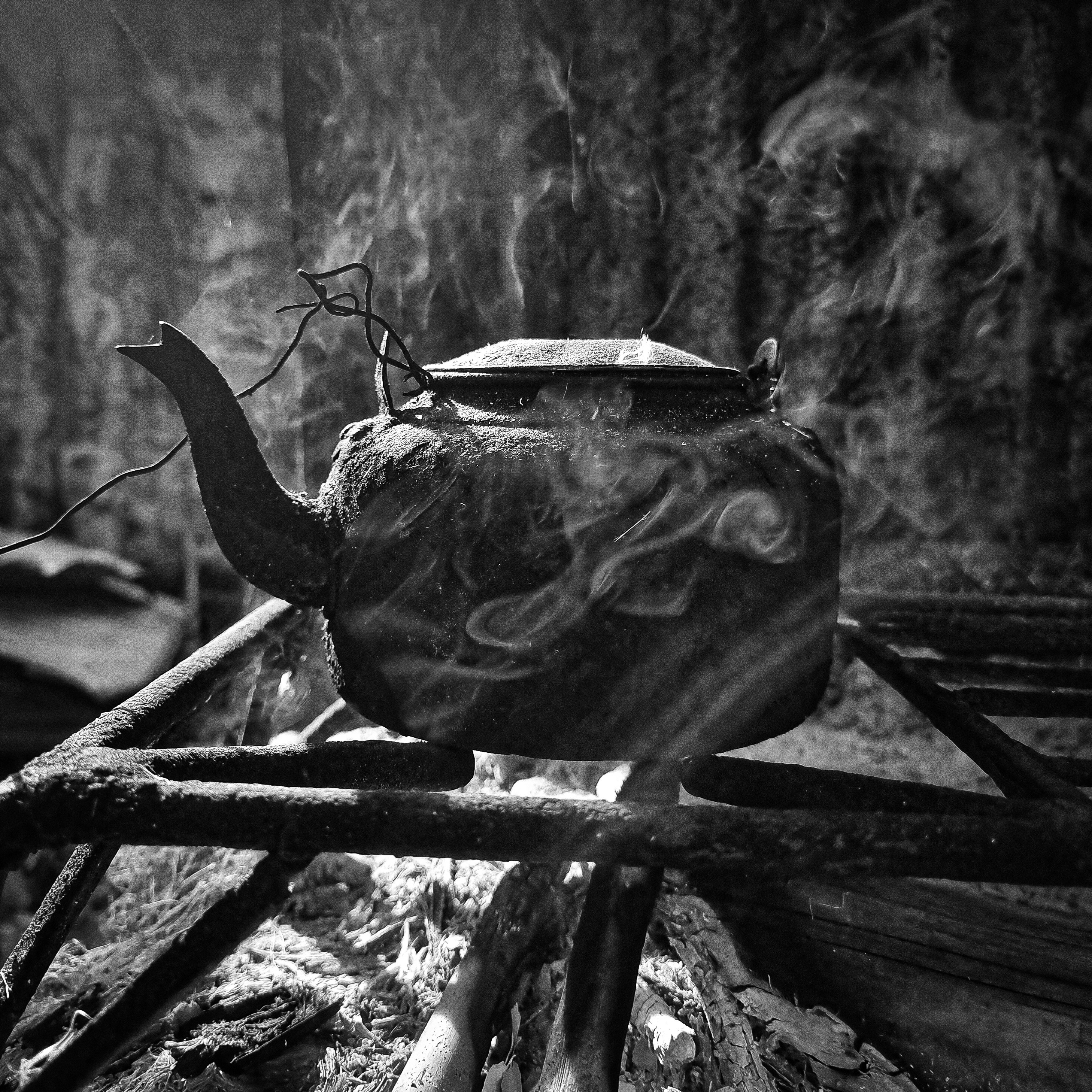 Iron Teapot Presiding Over Ember-Breathing Grate