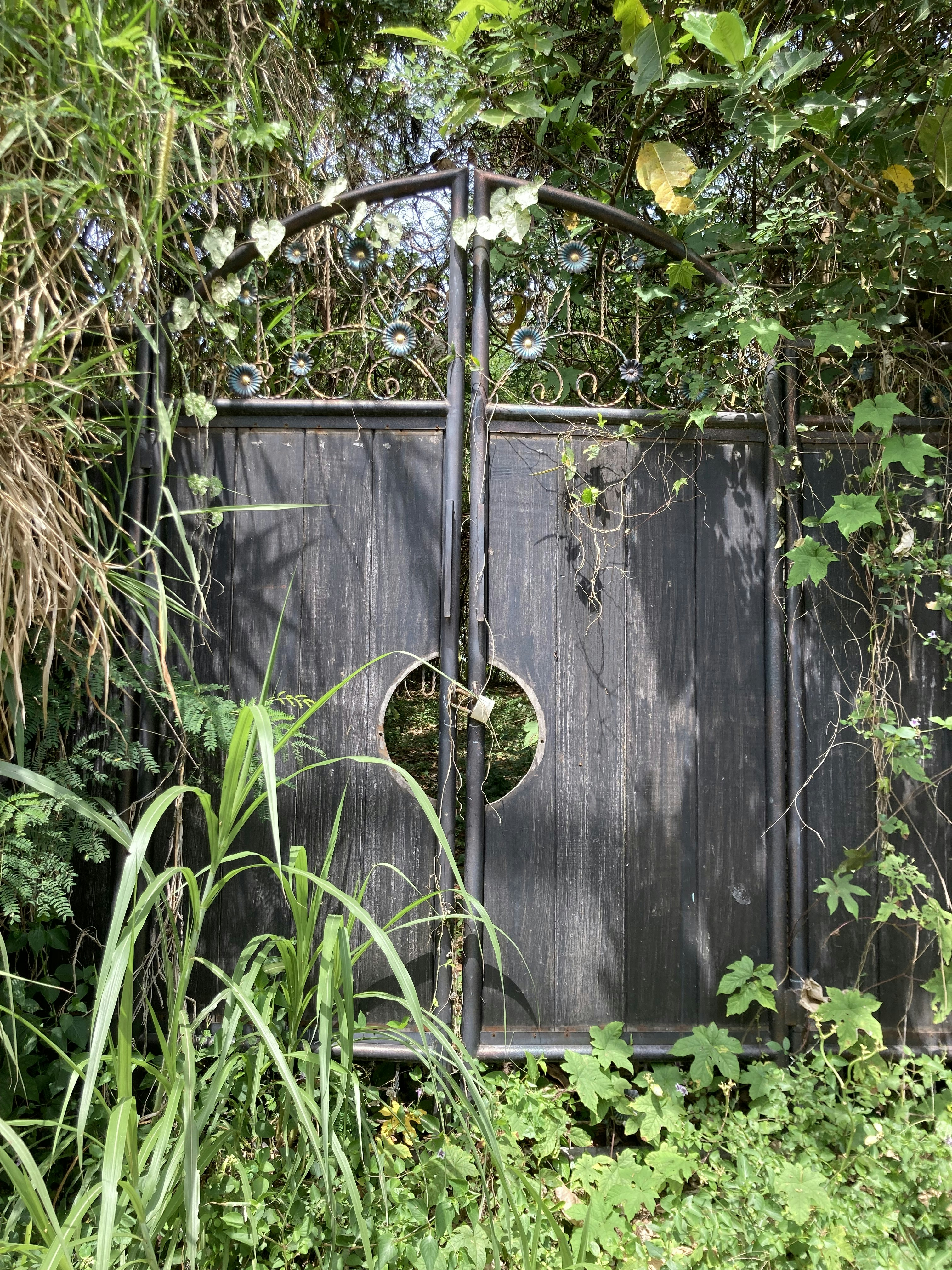 Circular Heart Hidden in a Wrought-Iron Gate Amid Greenery