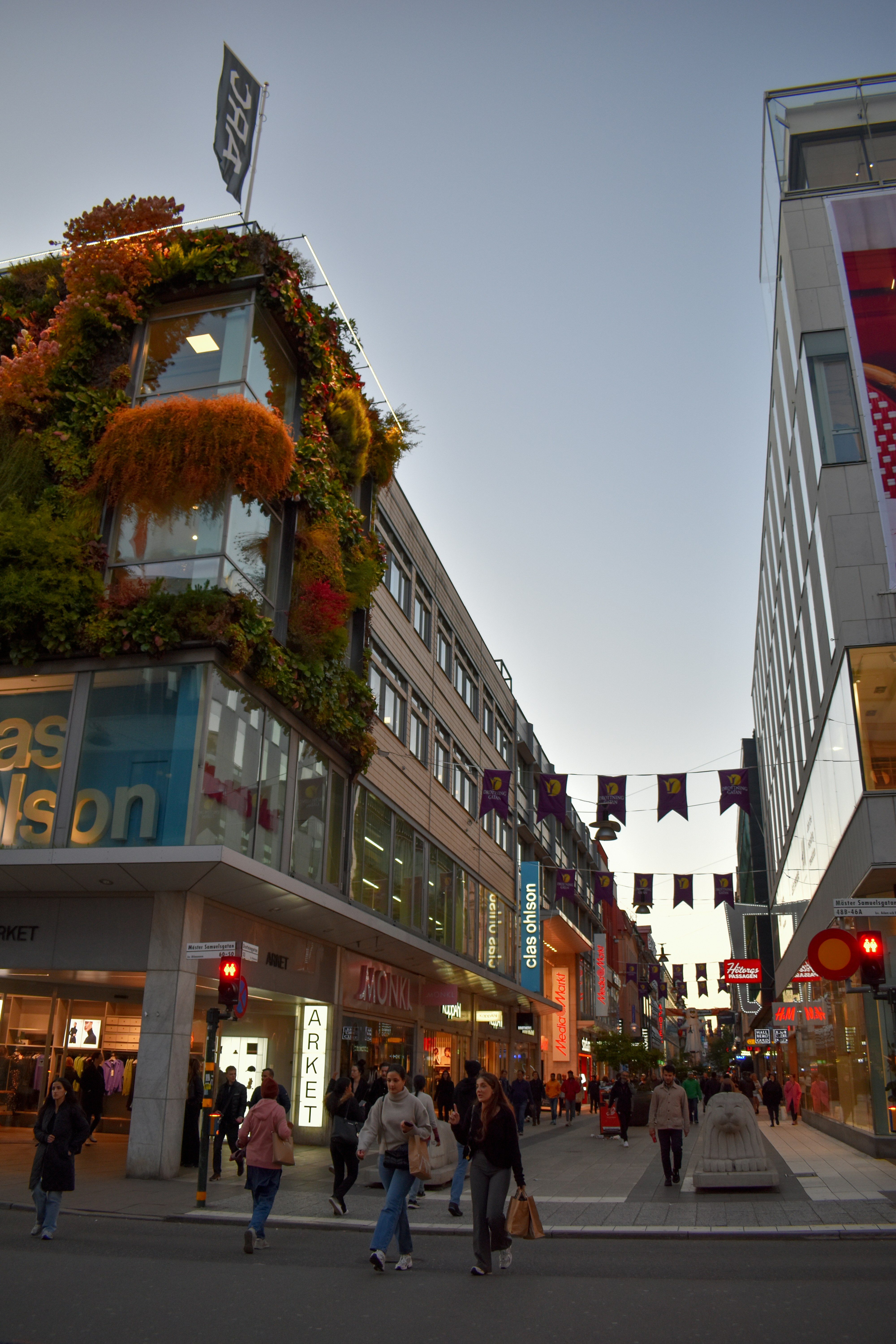 Verdant Facade Anchors a Lively Shopping Street at Dusk