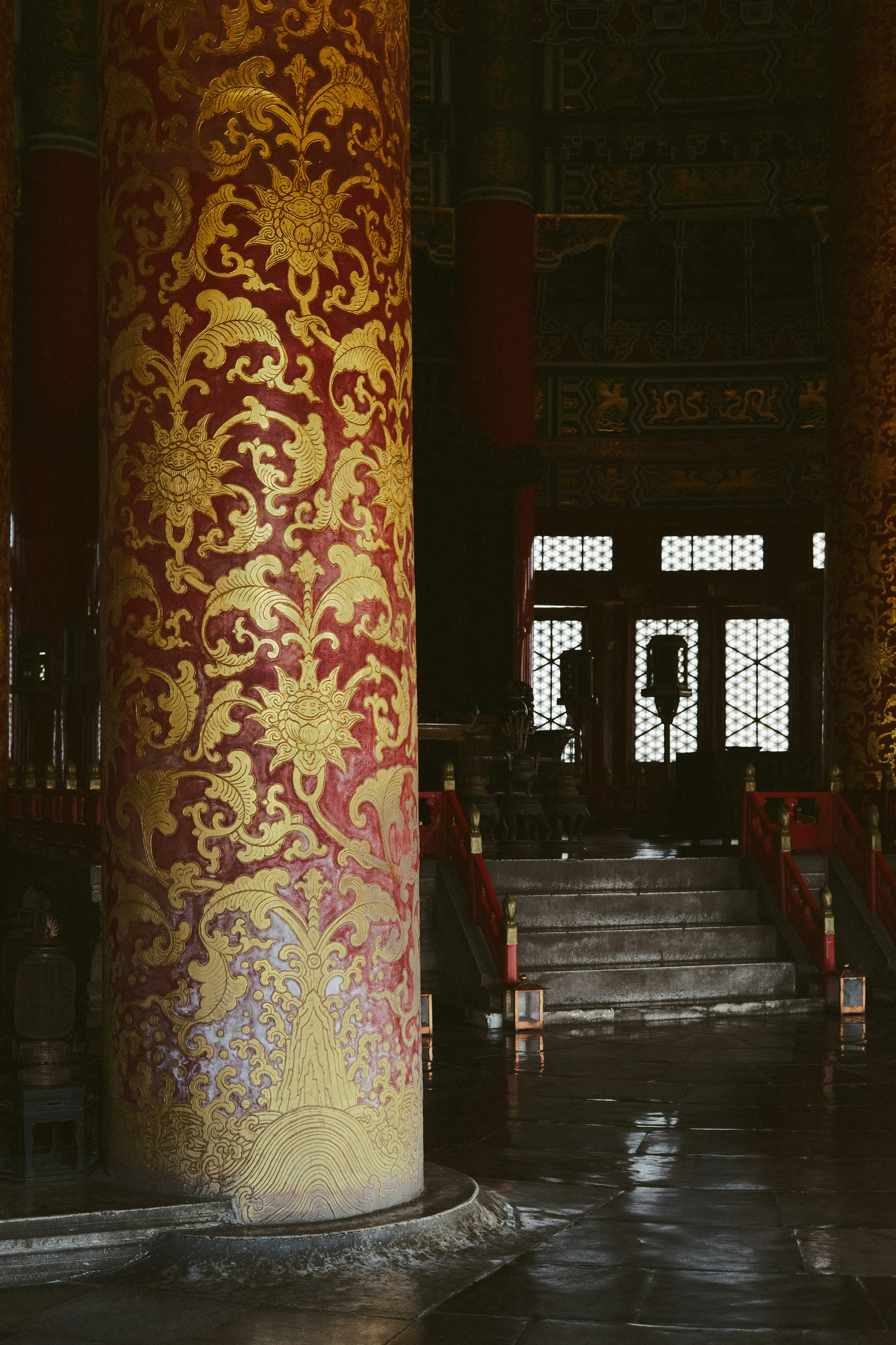 Crimson Hall, Gilded Pillar: A Quiet Prayer in Gold