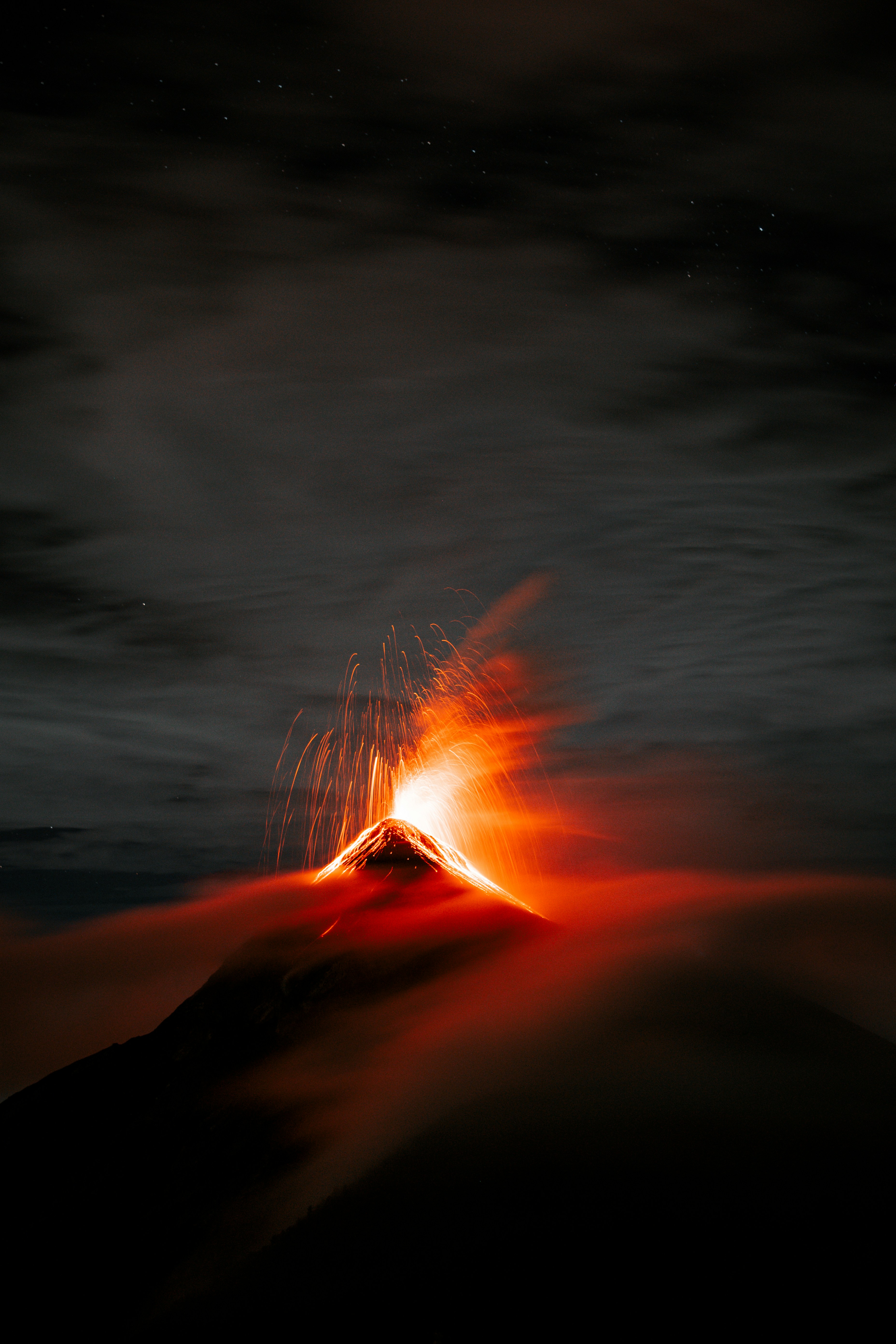 Volcano erupting with glowing lava and ash plume under a starry sky, surrounded by a veil of clouds.