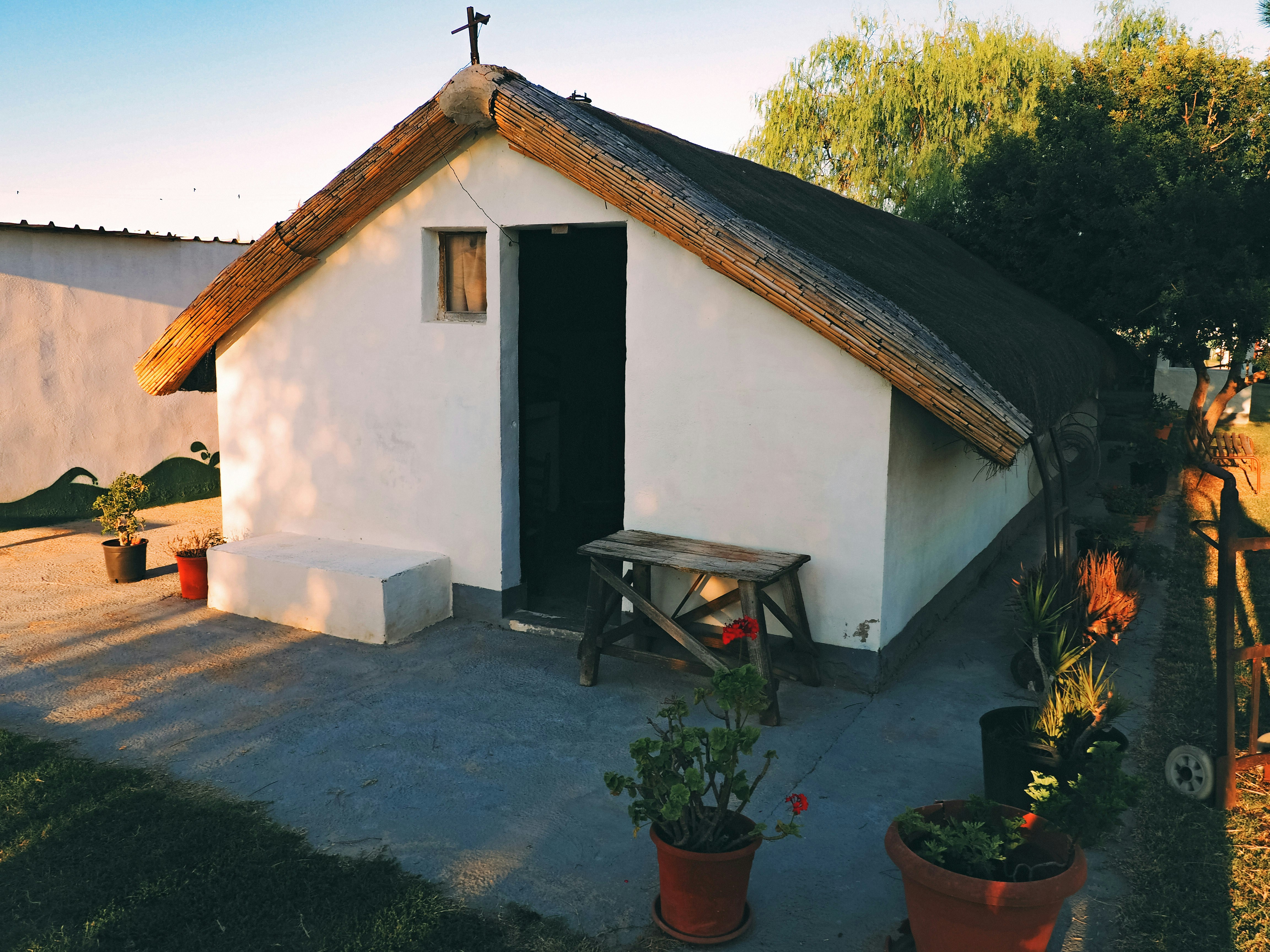 A rustic thatched-roof cottage surrounded by potted plants, embodying a tranquil rural lifestyle. The inviting entrance hints at stories waiting to be told.