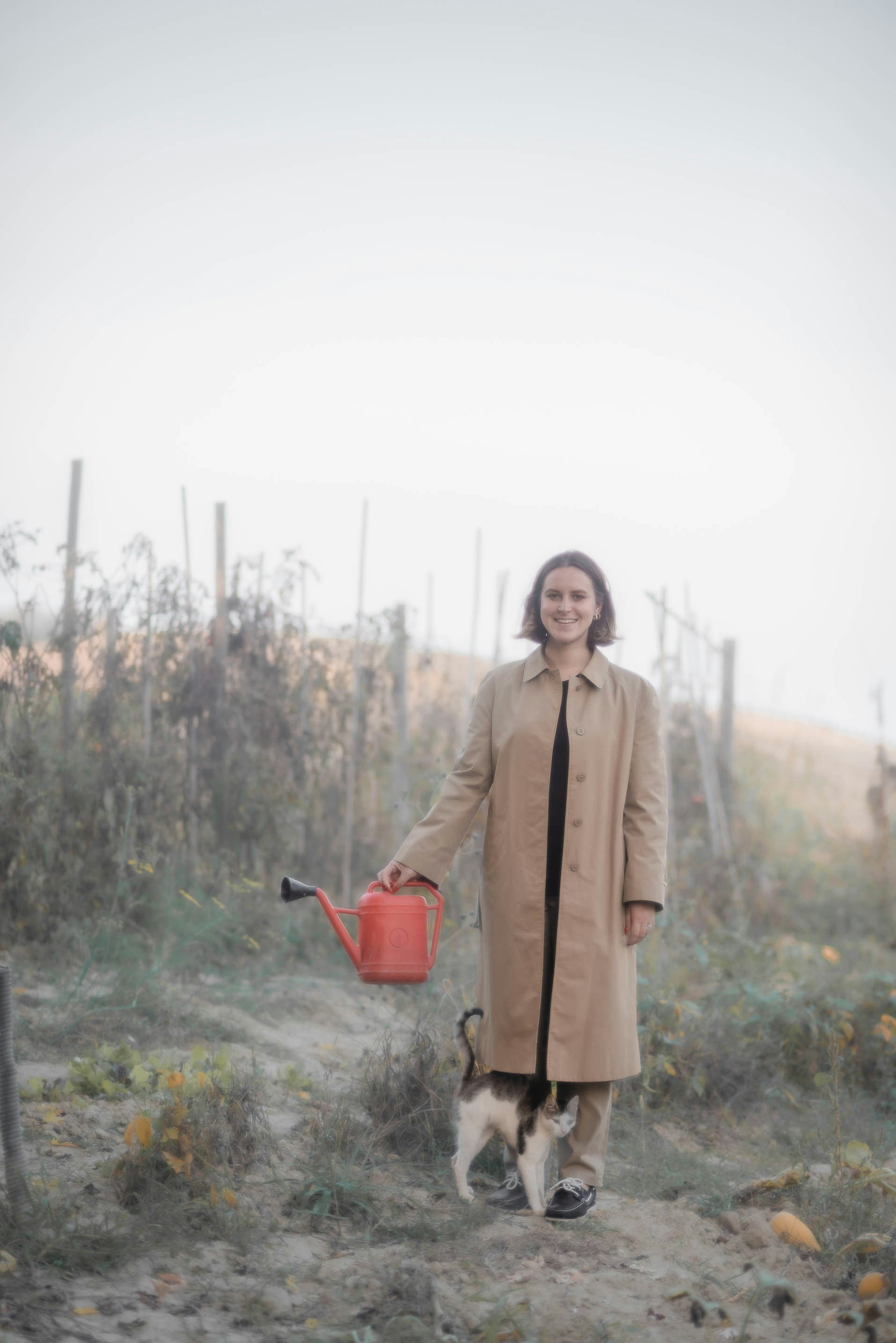 a person holding a bucket and a dog