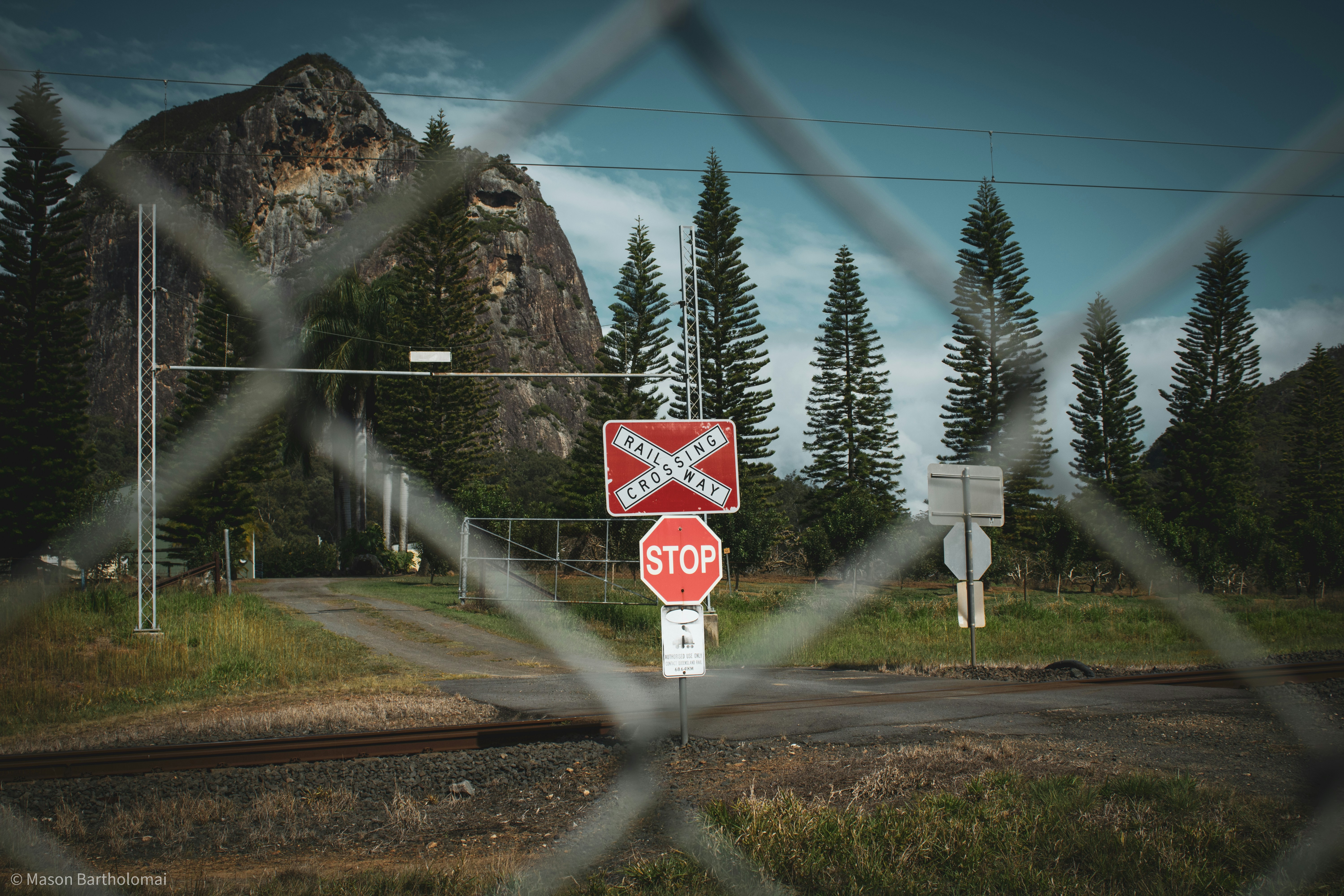 A rural railway crossing framed by a chain-link fence in the Glass House Mountains, Queensland. Stark signage, distant pines, and a sense of stillness before movement.