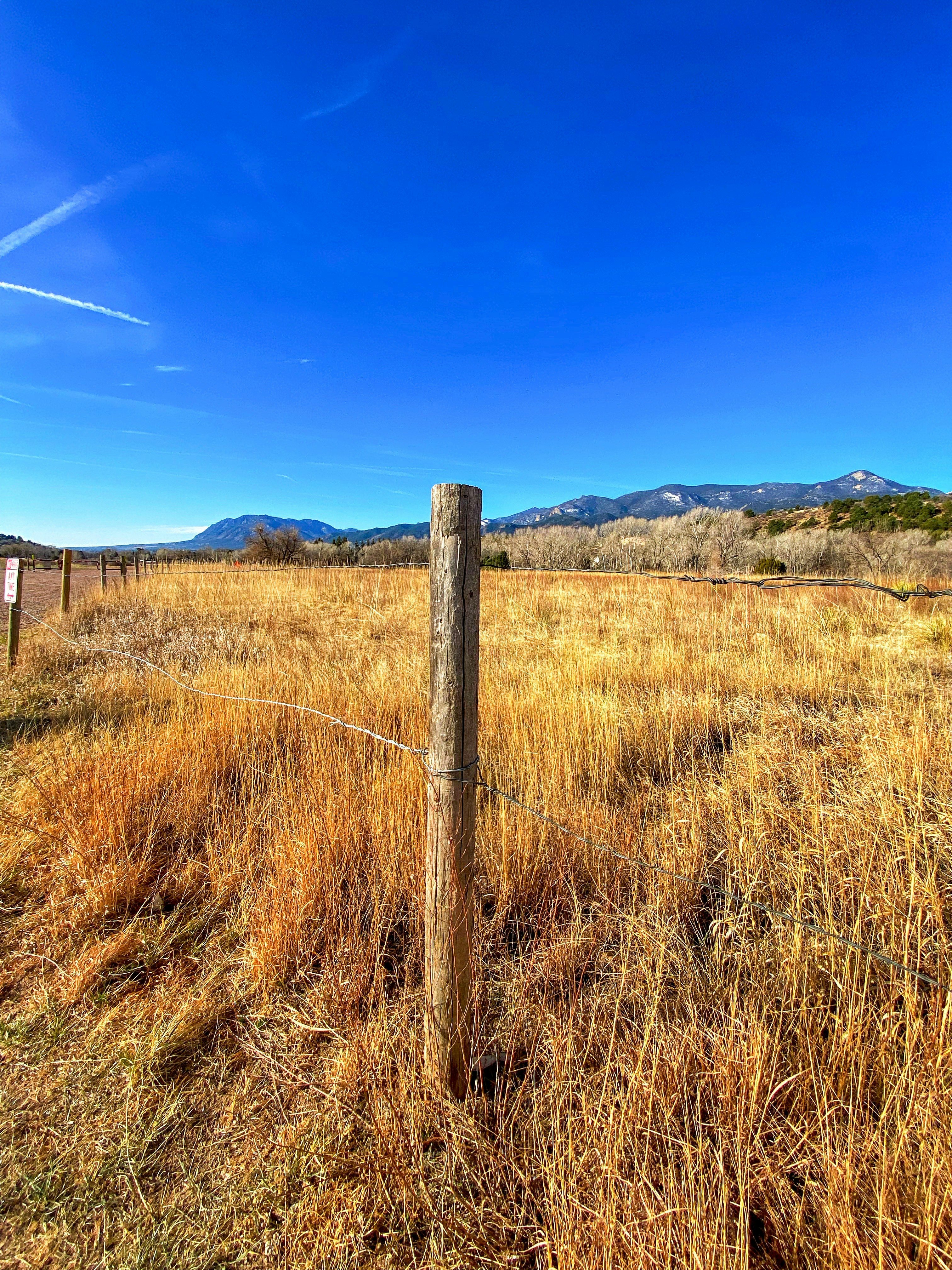 Fence Post Sentinel over a Golden Prairie under a Cerulean Mountain Sky