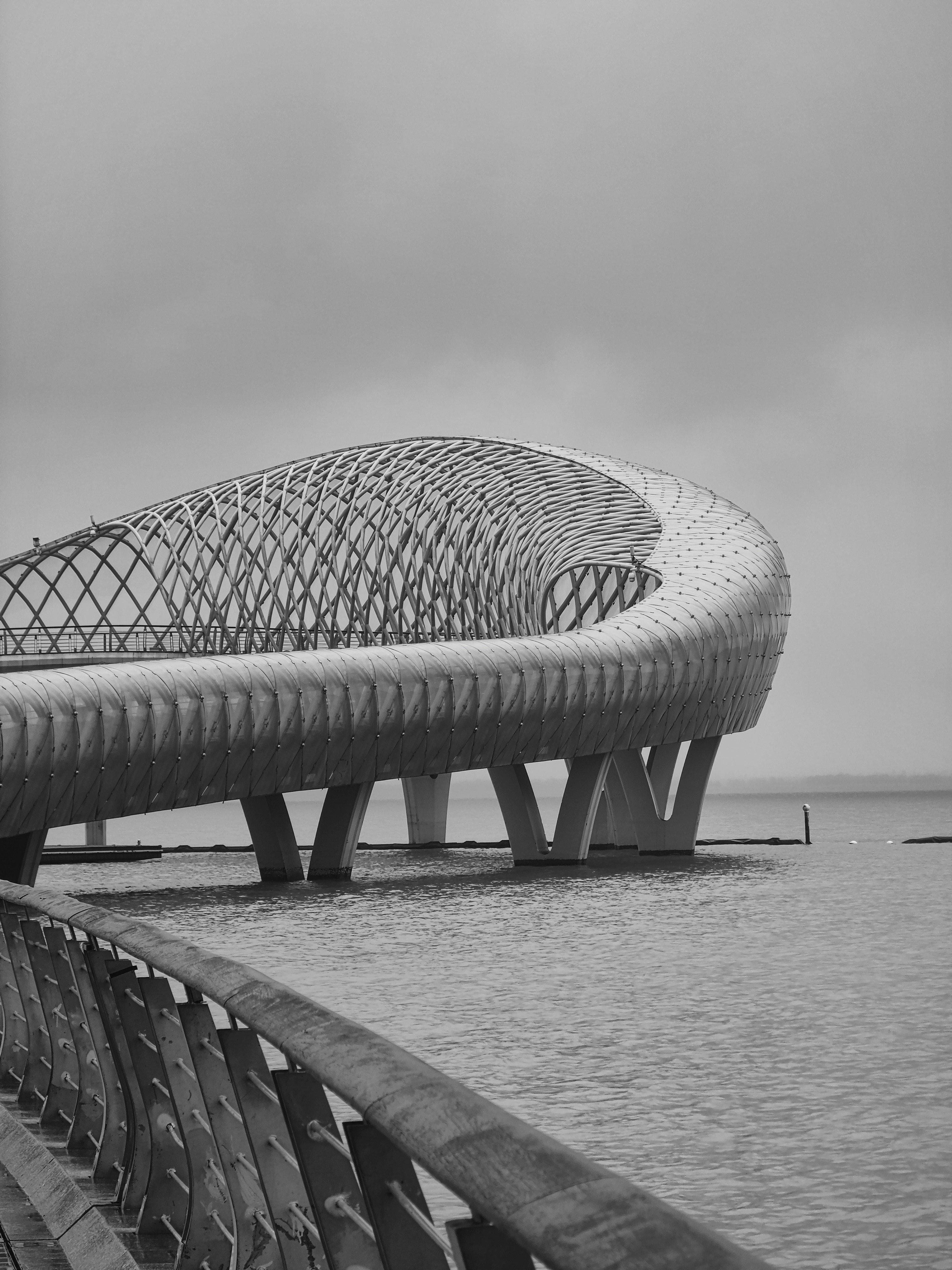 A striking metallic bridge curves gracefully over calm waters, framed by a moody sky. The intricate design showcases modern engineering and aesthetics.