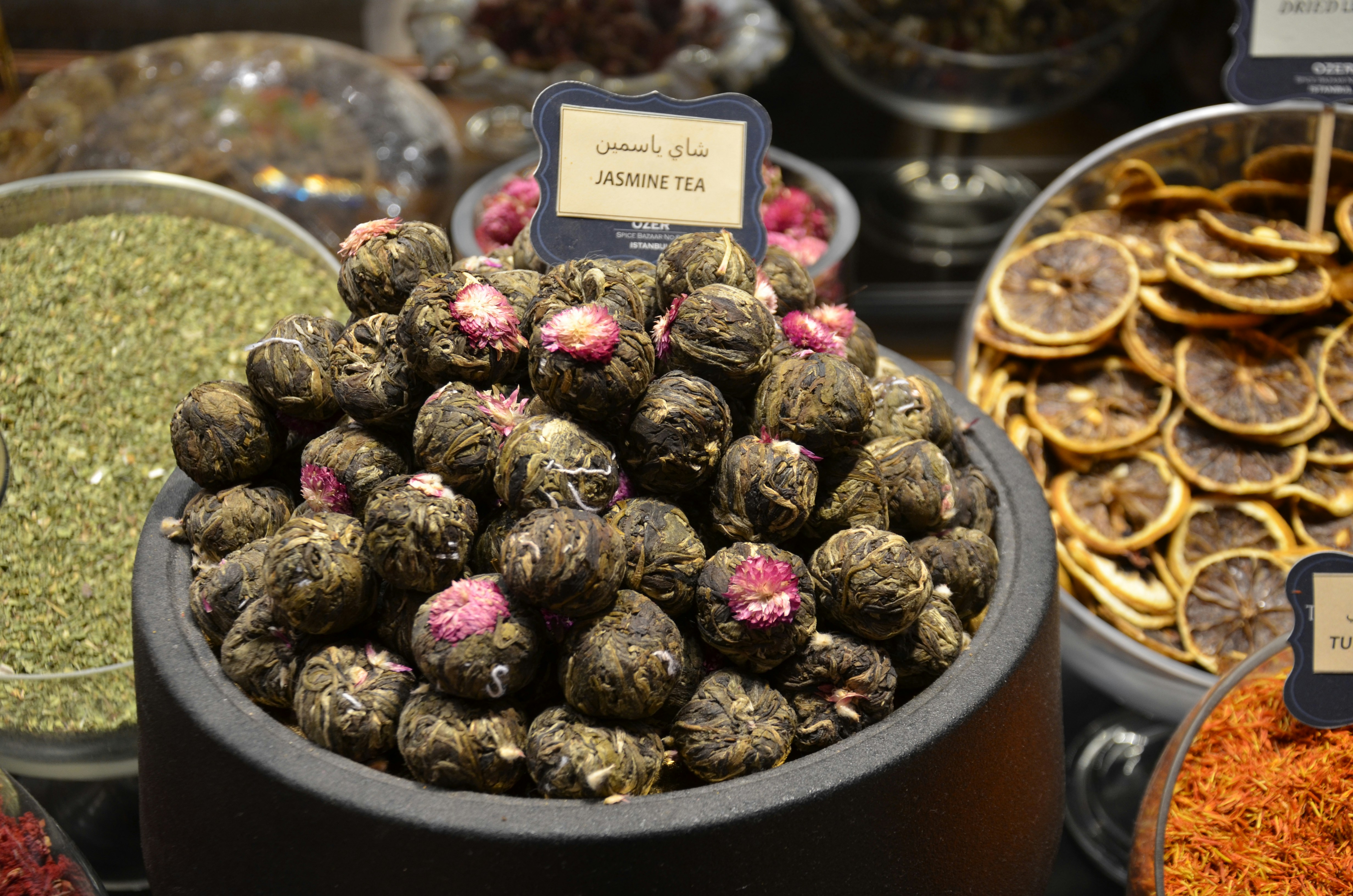 Jasmine Tea Balls Crowned with Pink Tips at a Spice Bazaar
