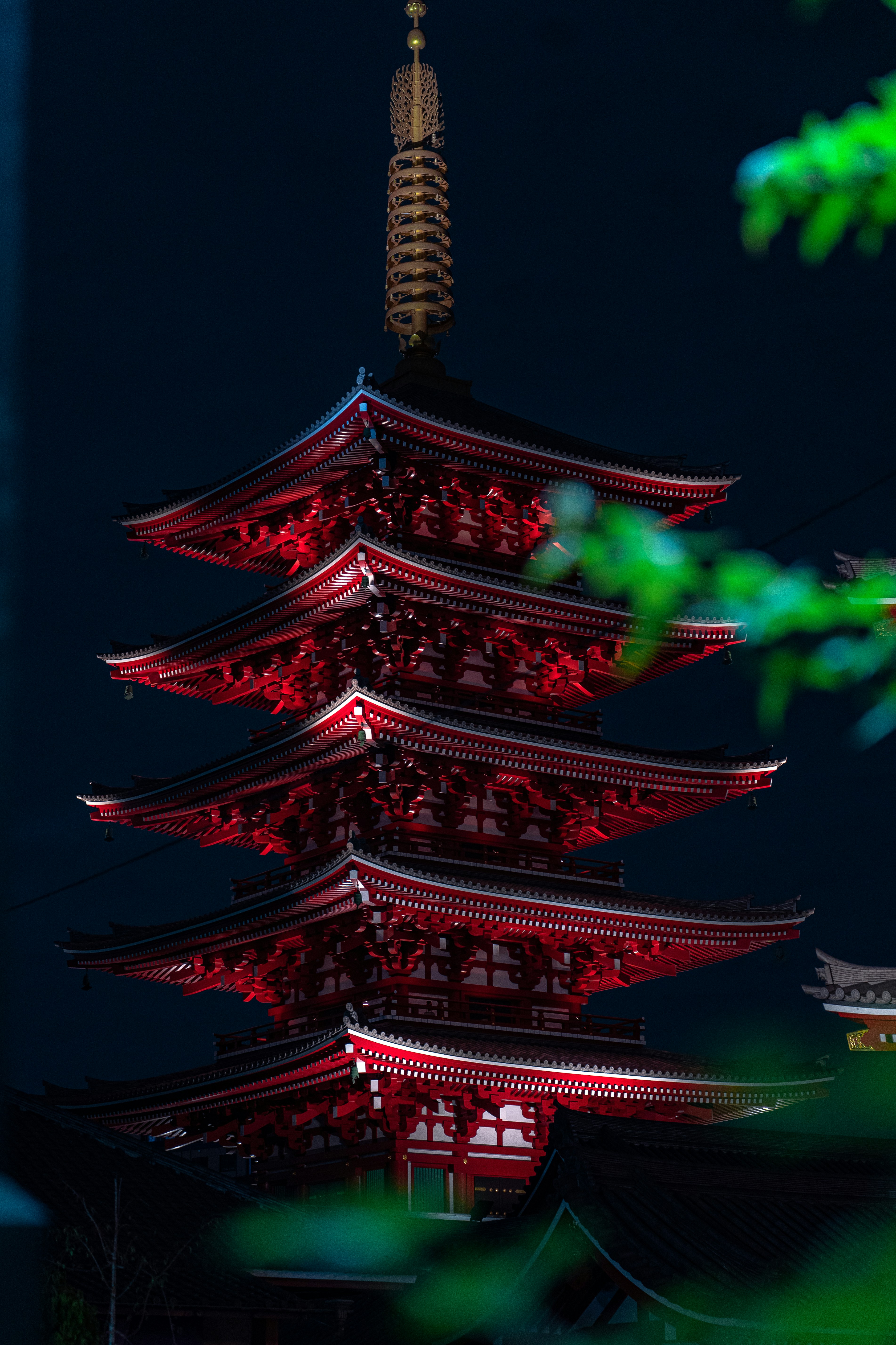 Crimson Nightfall at the Five-Tier Pagoda: Lanterns in a Silent Temple