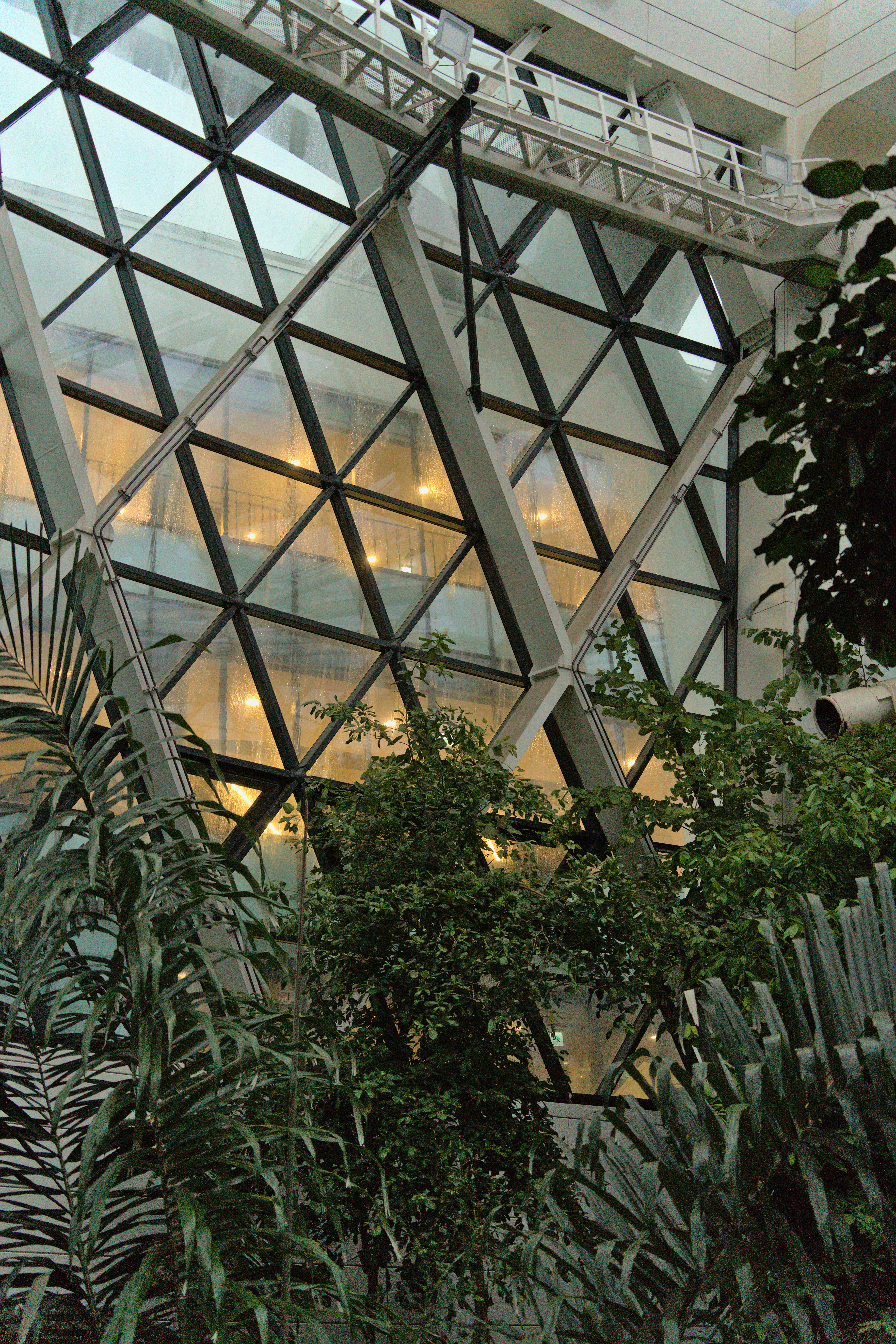 Intricate glass facade adorned with lush greenery, showcasing a blend of modern design and natural elements.