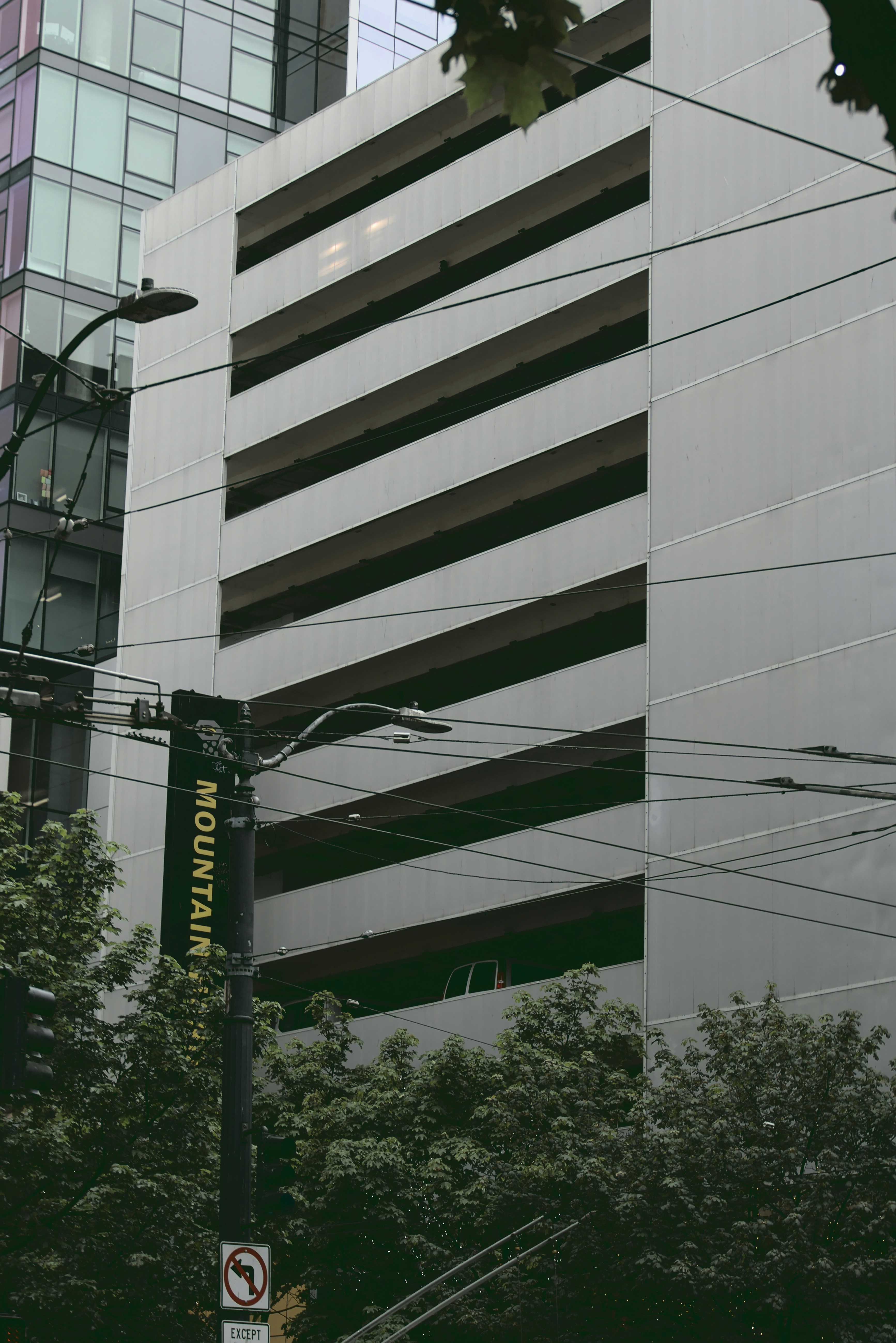 Six Levels of Quiet Geometry: Parking Garage Framed by Wires and Trees