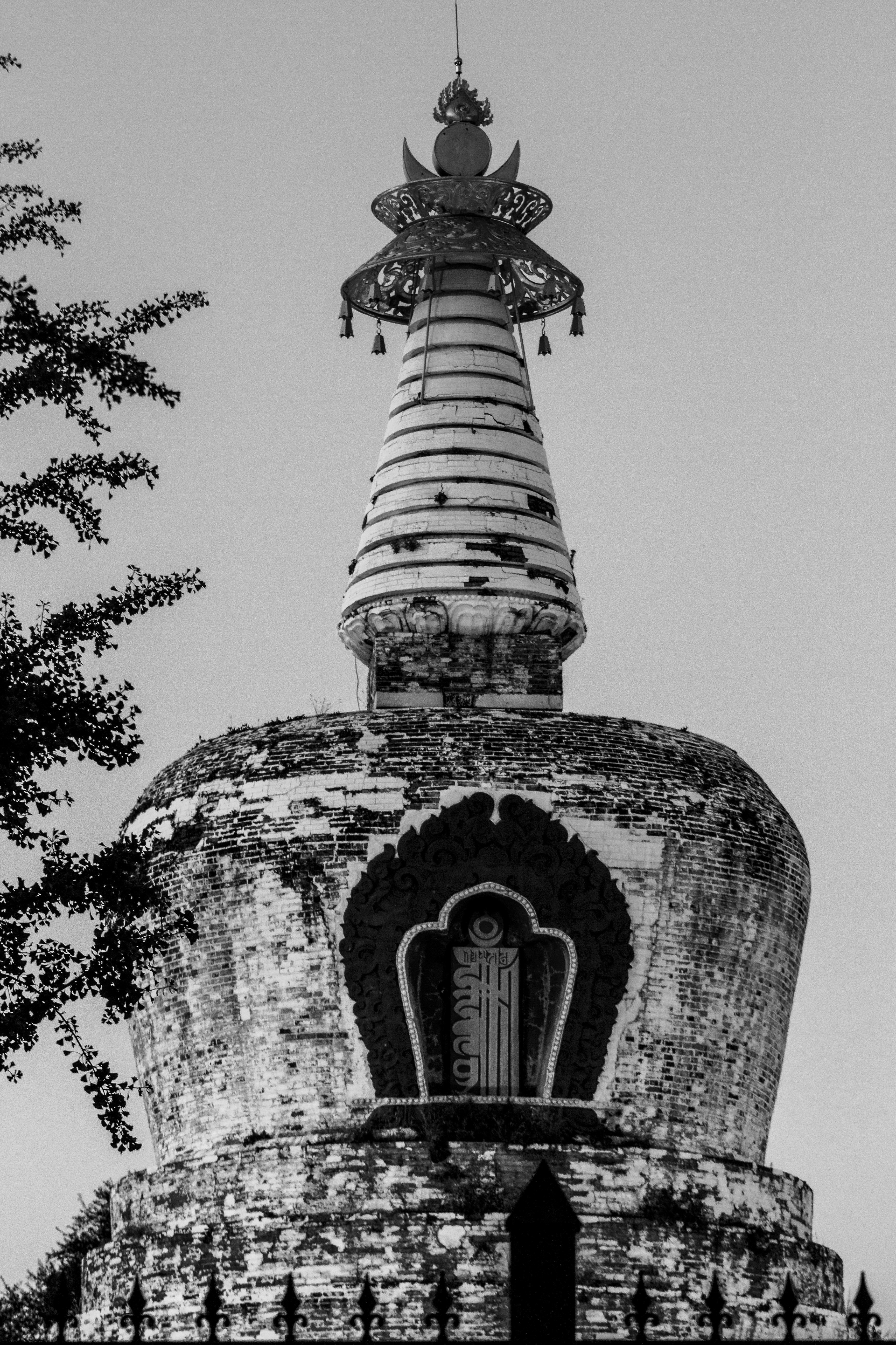 A weathered stupa adorned with intricate details, surrounded by lush foliage, showcasing the passage of time. The monochrome tones emphasize its historical significance.