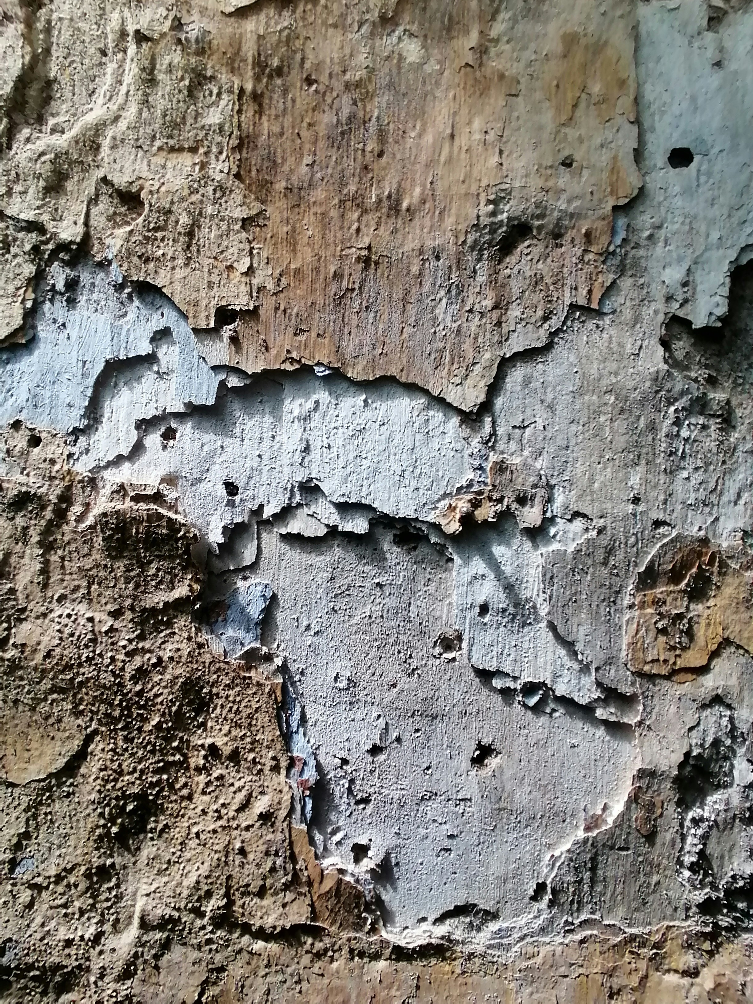 Peeling paint and weathered textures on a wall reveal layers of history and decay.