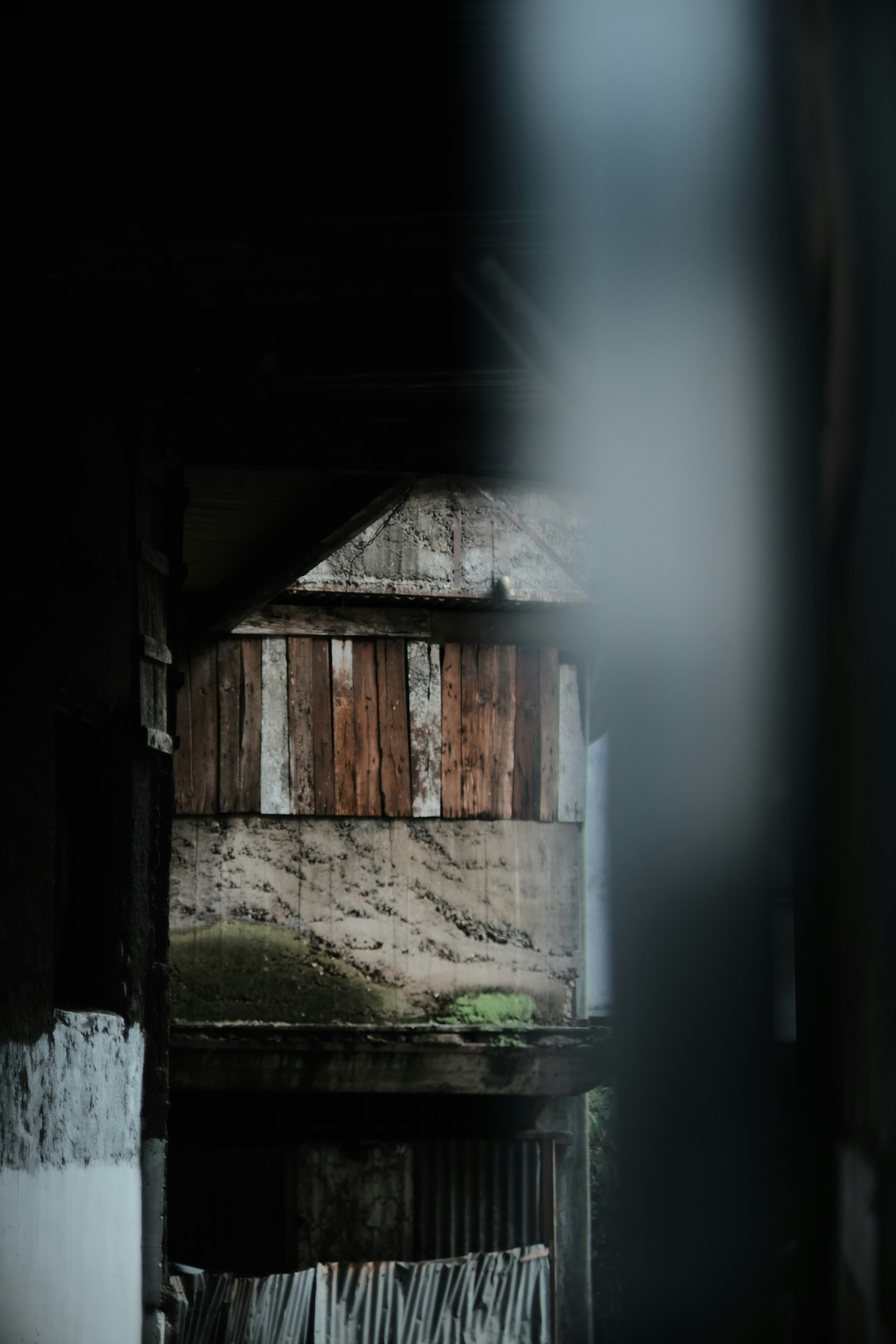 Weathered wooden structure partially obscured by shadows, revealing layers of history and nature's reclaiming touch.