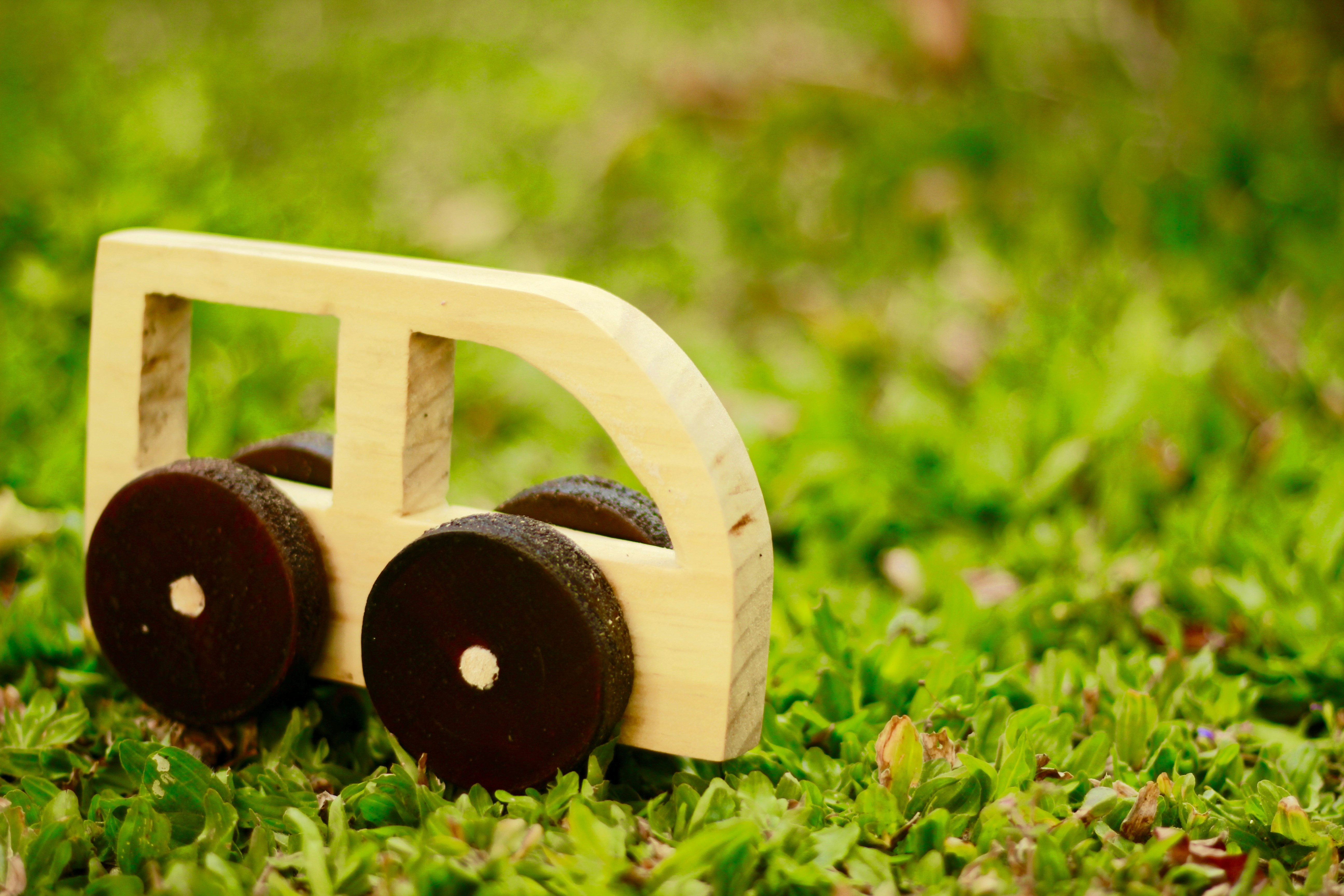 Little wheeled explorer: a wooden toy cart resting in mossy greens