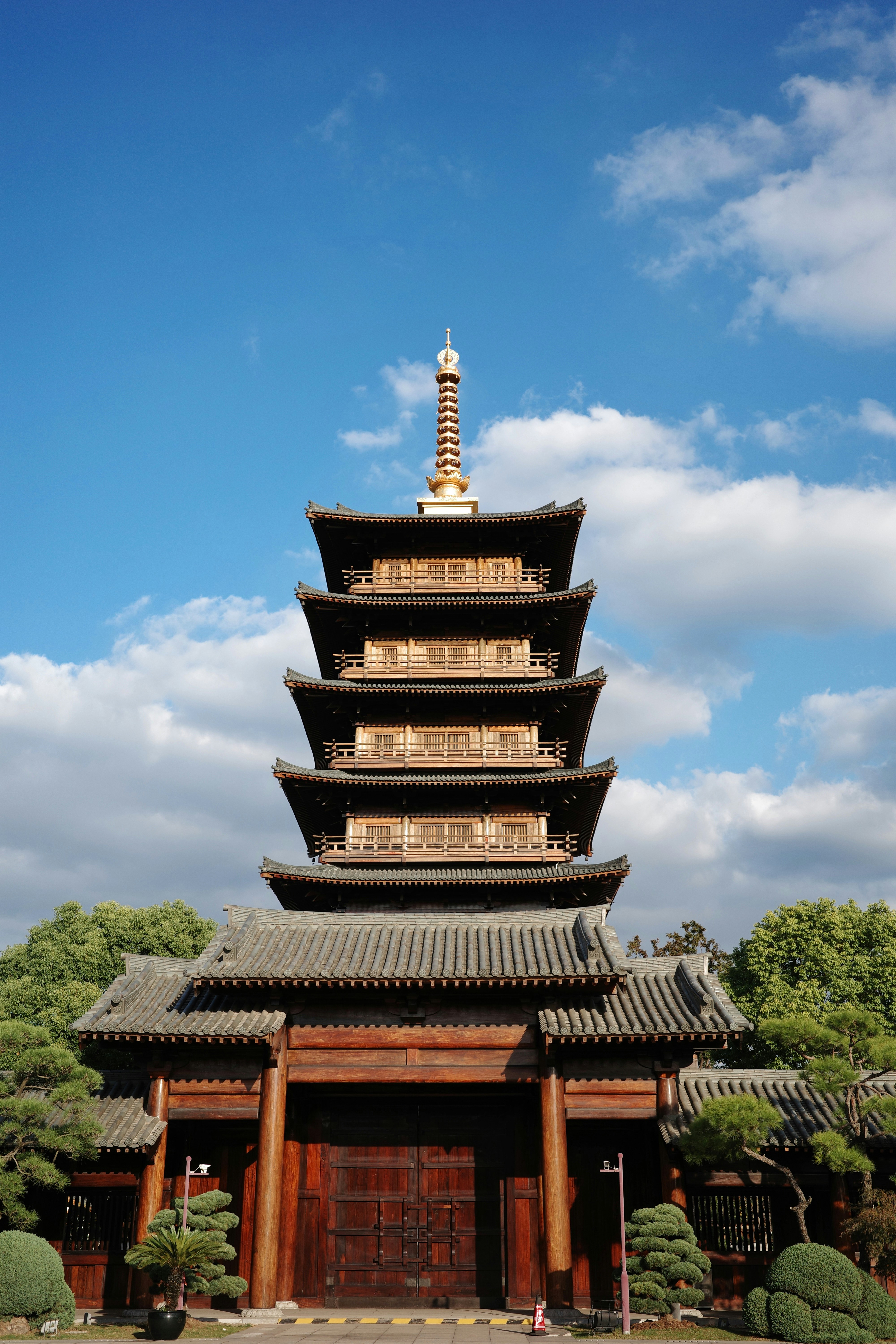 Five-Tiered Dragonfly: A Traditional Pagoda Rising Above a Woodland Gate
