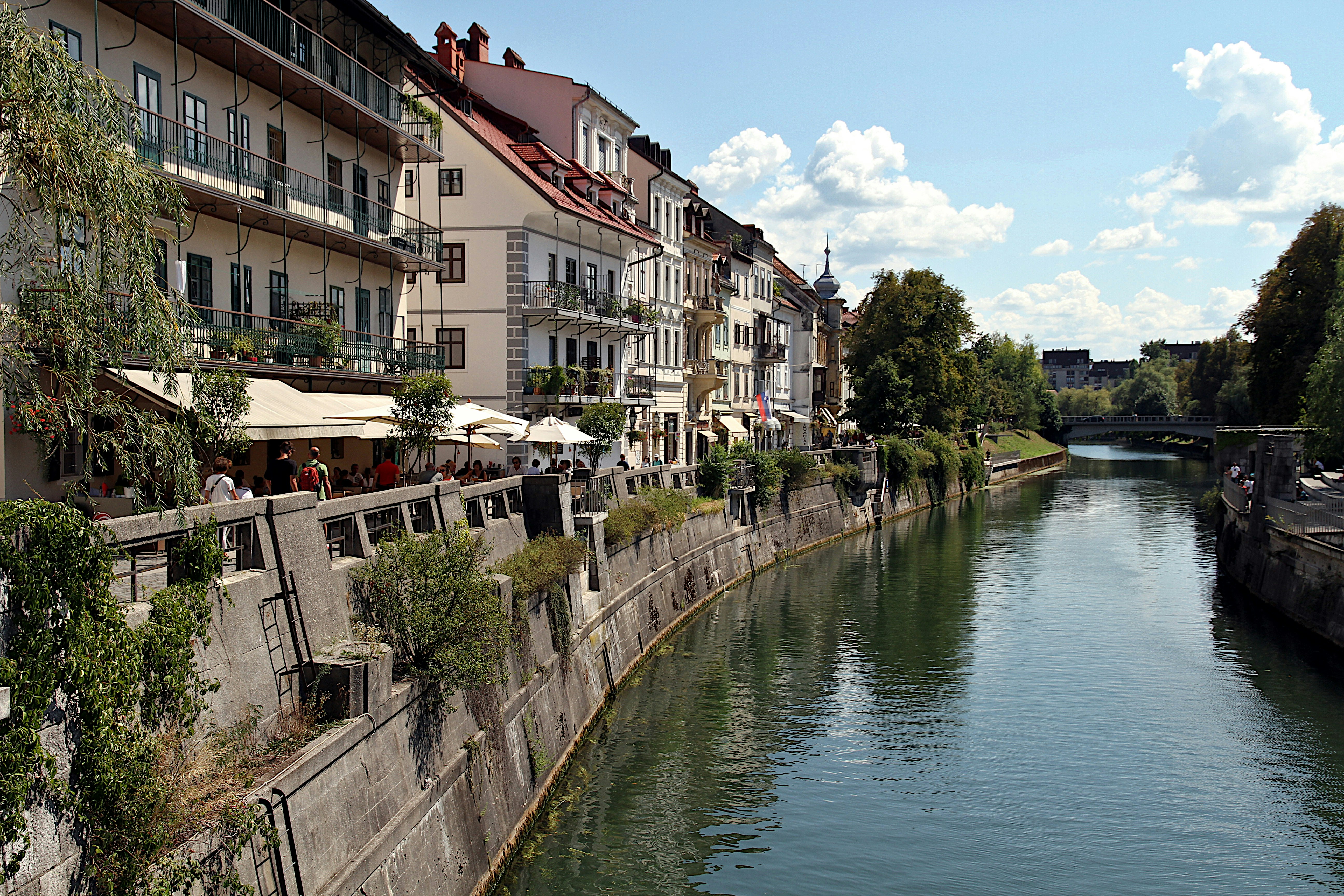 In the streets of Lubijana, view from a bridge, river Save, Lubiana, Slovenia, August 2022