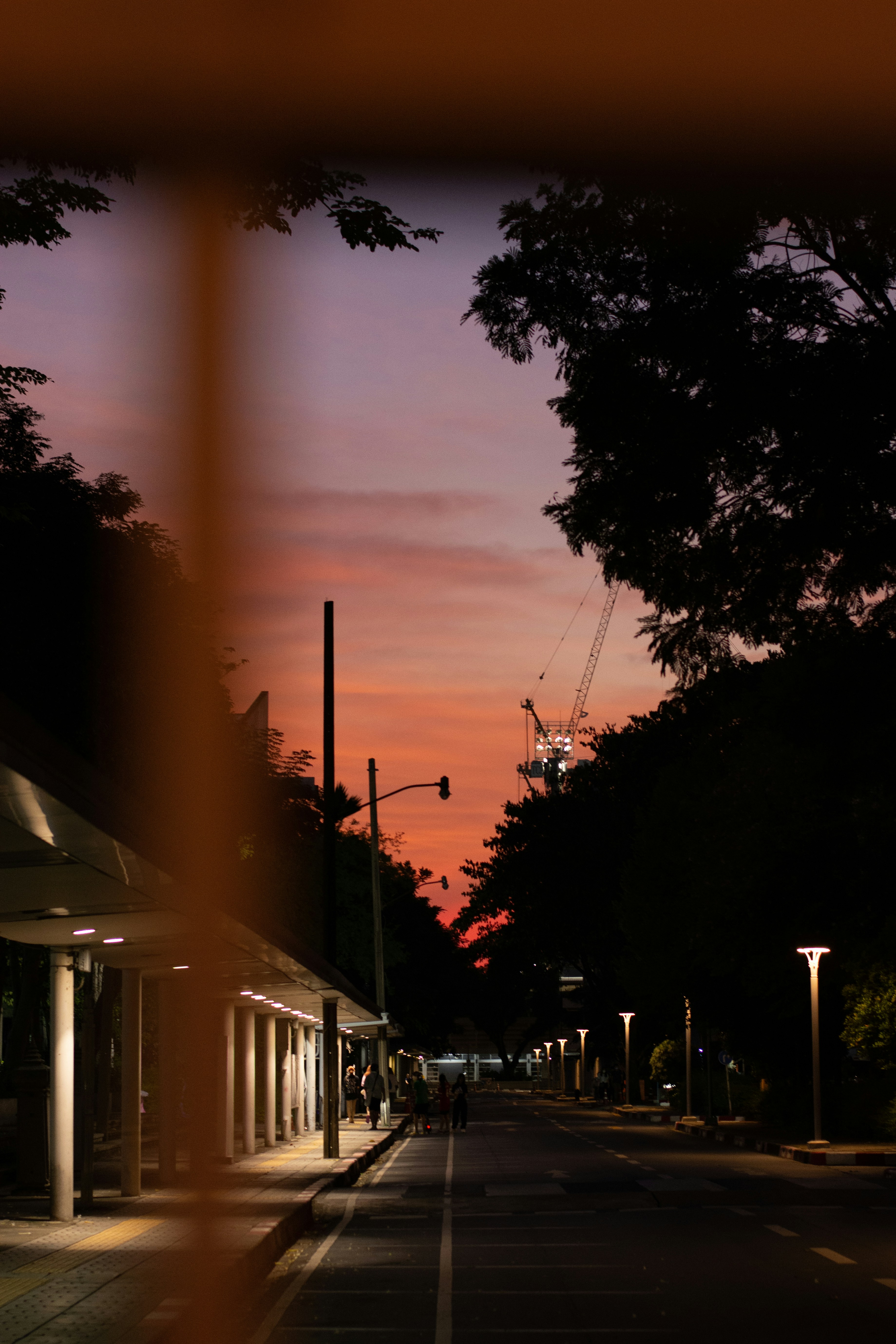 Crane at Dusk: A Quiet Street Silhouetted Against a Crimson Sky