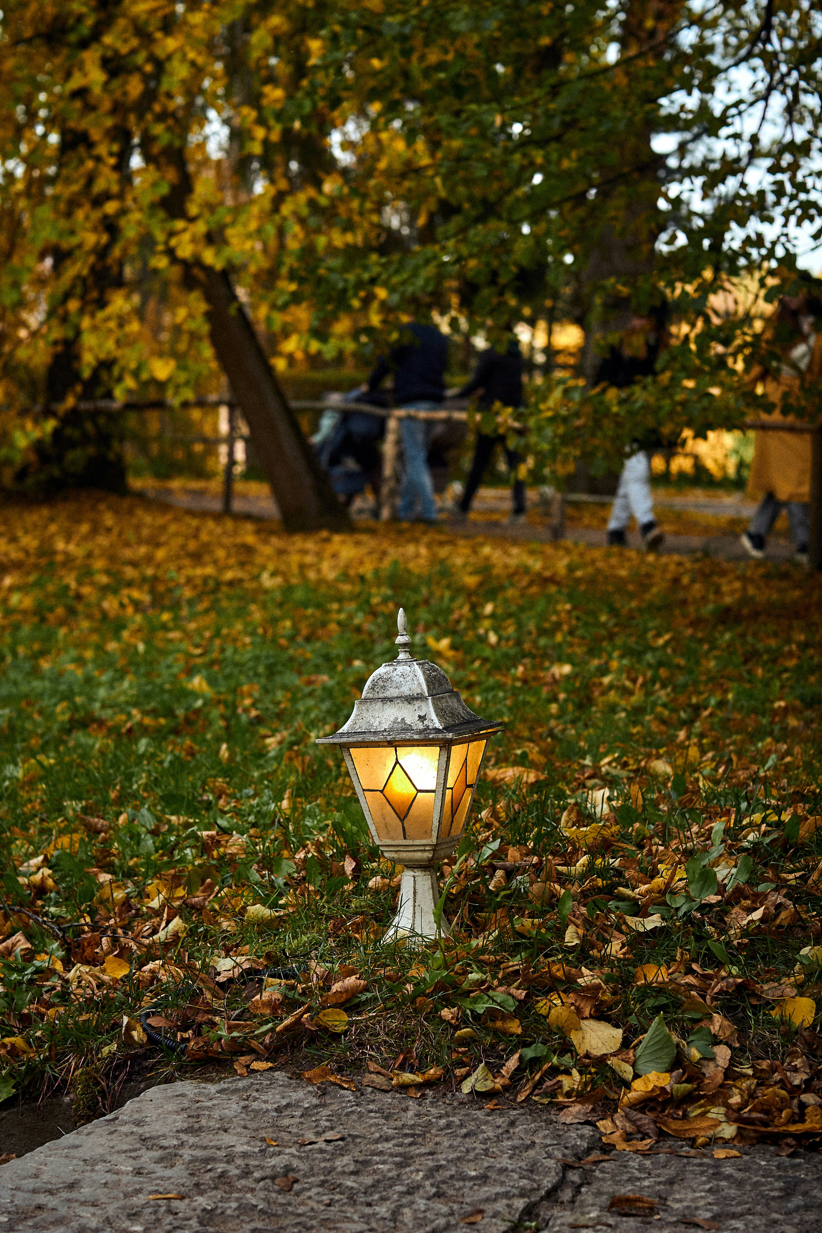 a lamp post in a park