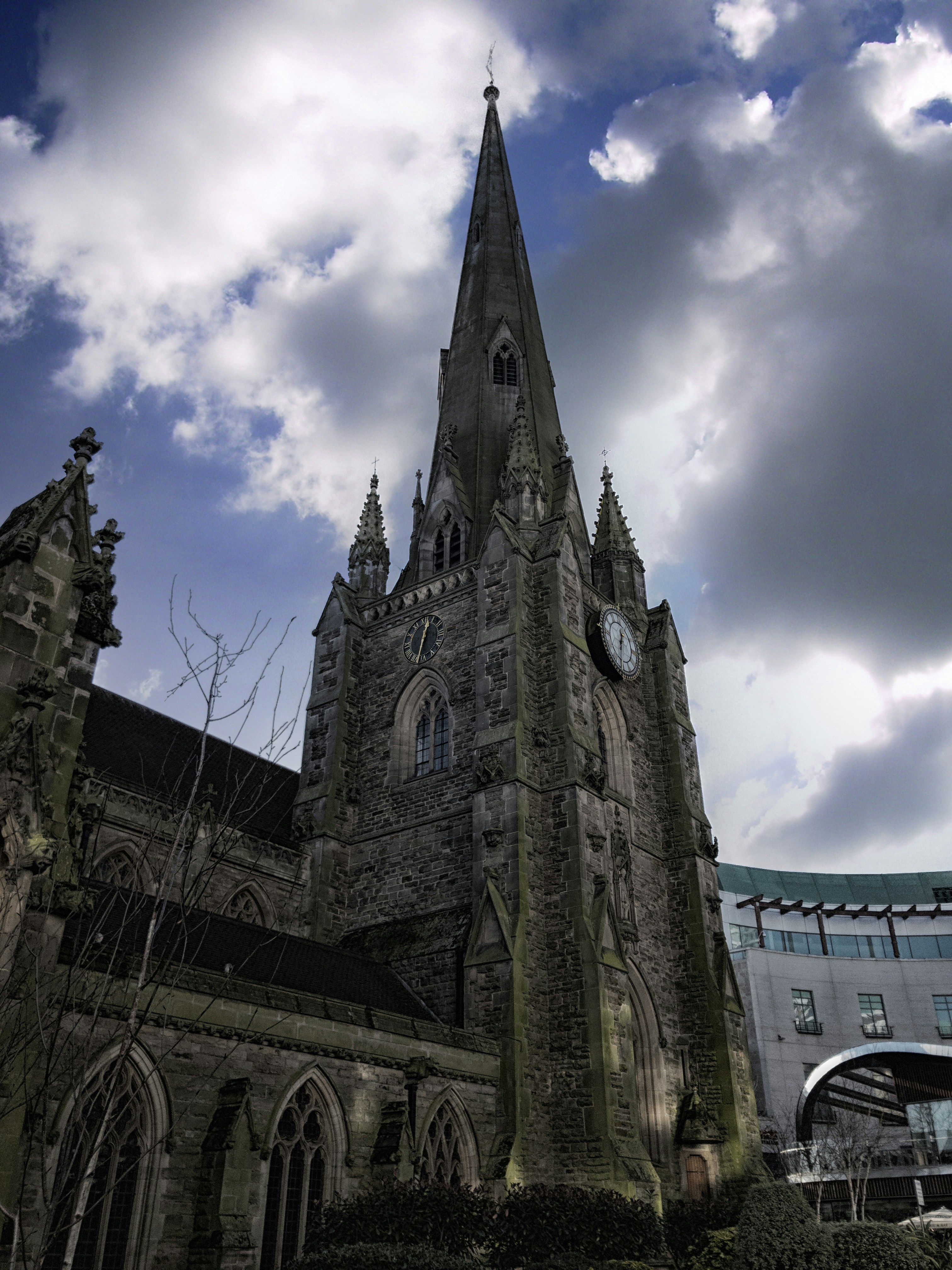 Sanit Martin's Church in the Bull Ring shopping centre, Birmingham, low angle with dramatic lighting