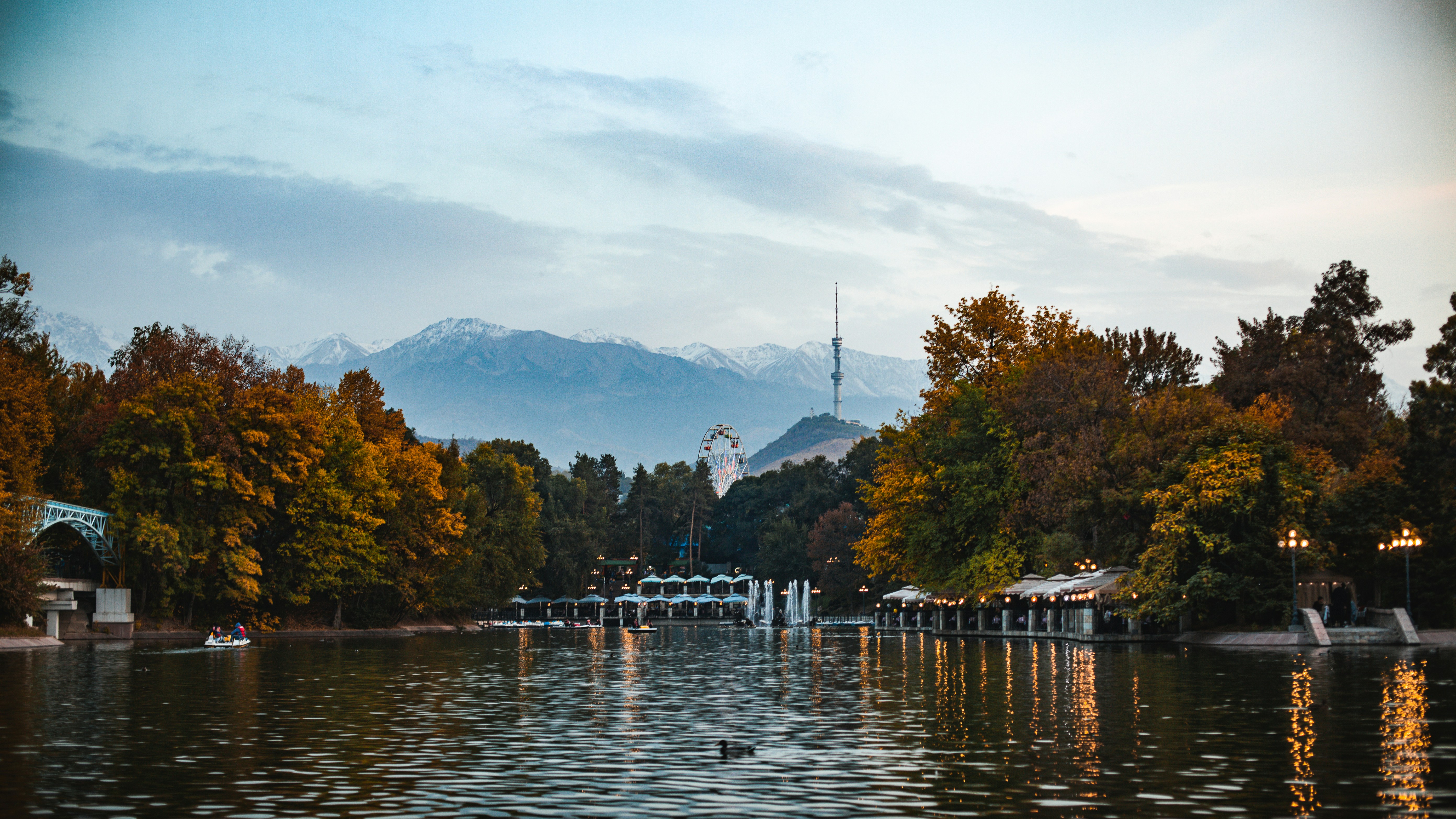 Autumn Bridge Reverie: Lanterns, Reflections, and Mountain Silhouettes