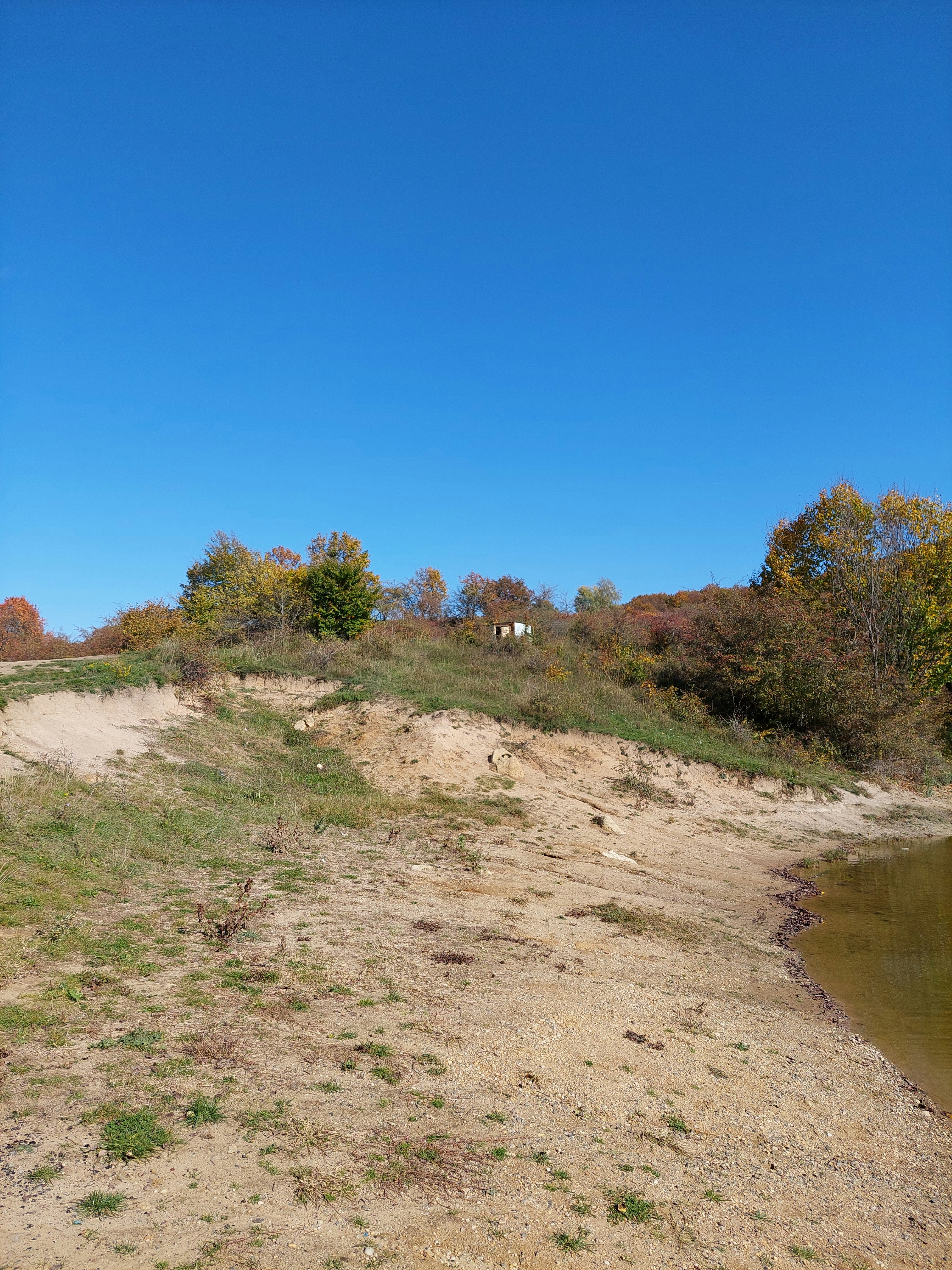 Sandy bank lined with colorful autumn foliage beside a tranquil body of water under a clear blue sky.