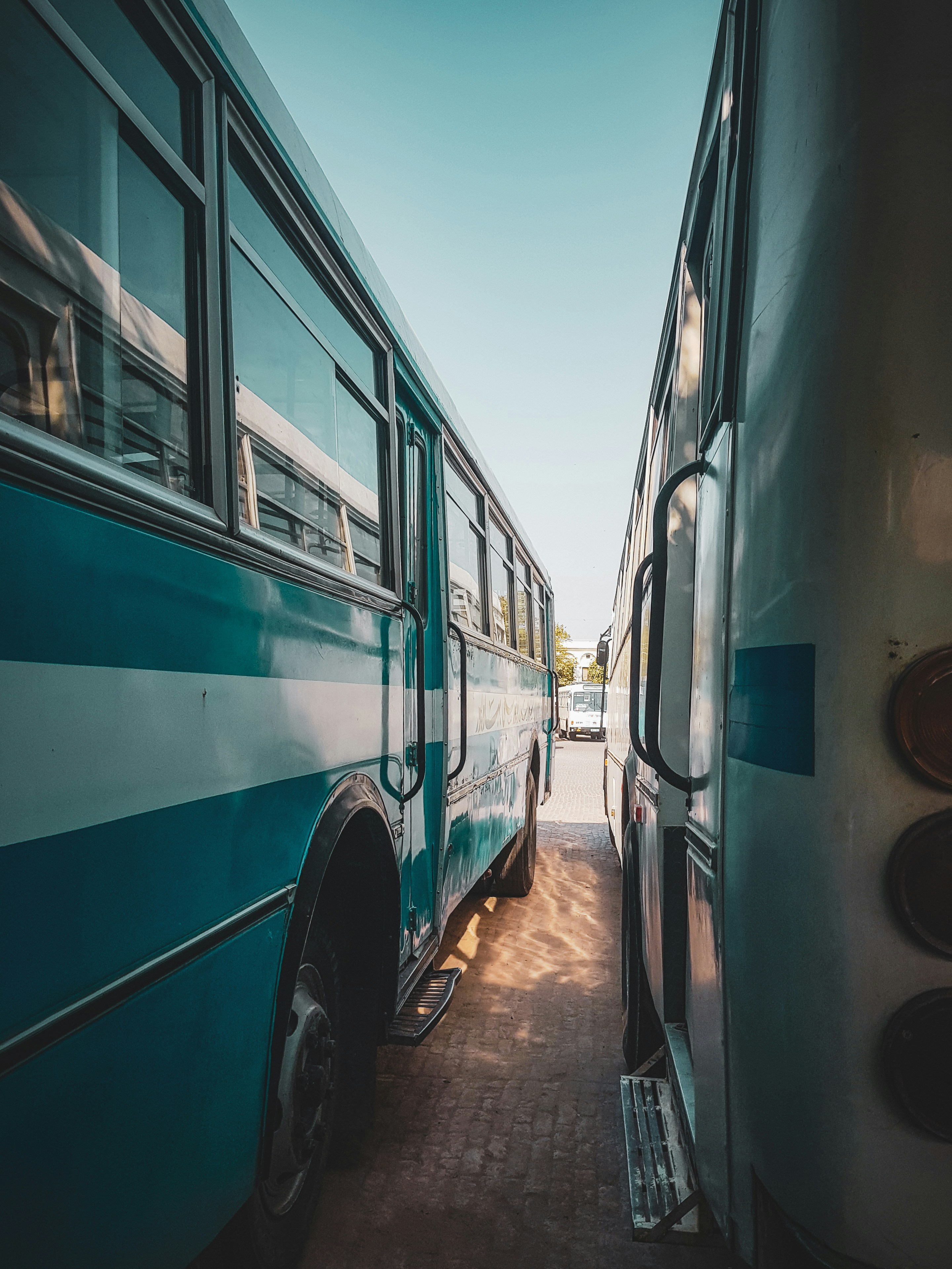 A couple of buses parked next to each other photo – Free Iub road Image ...