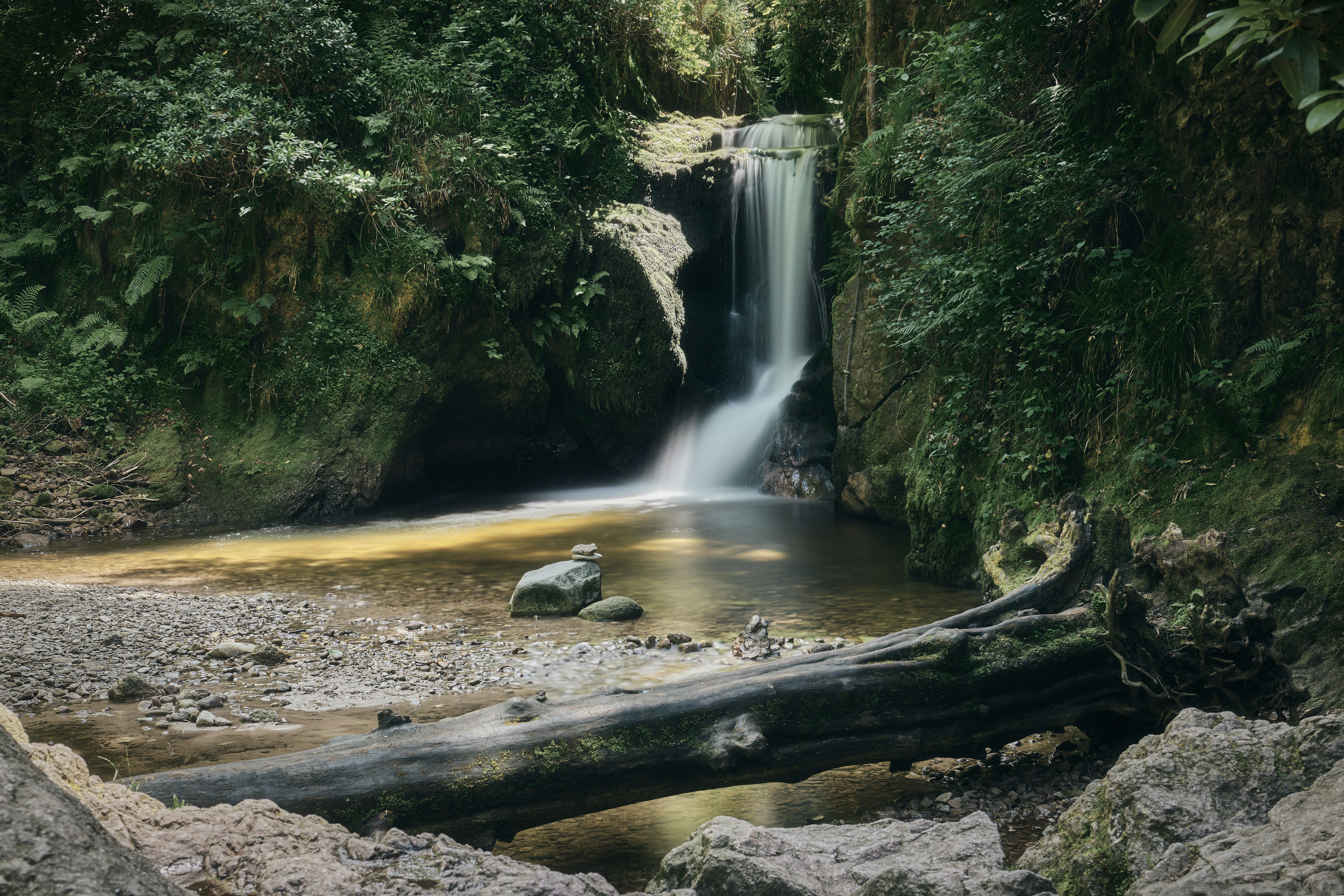 Waterfall cascading into a tranquil pool surrounded by lush green forest.