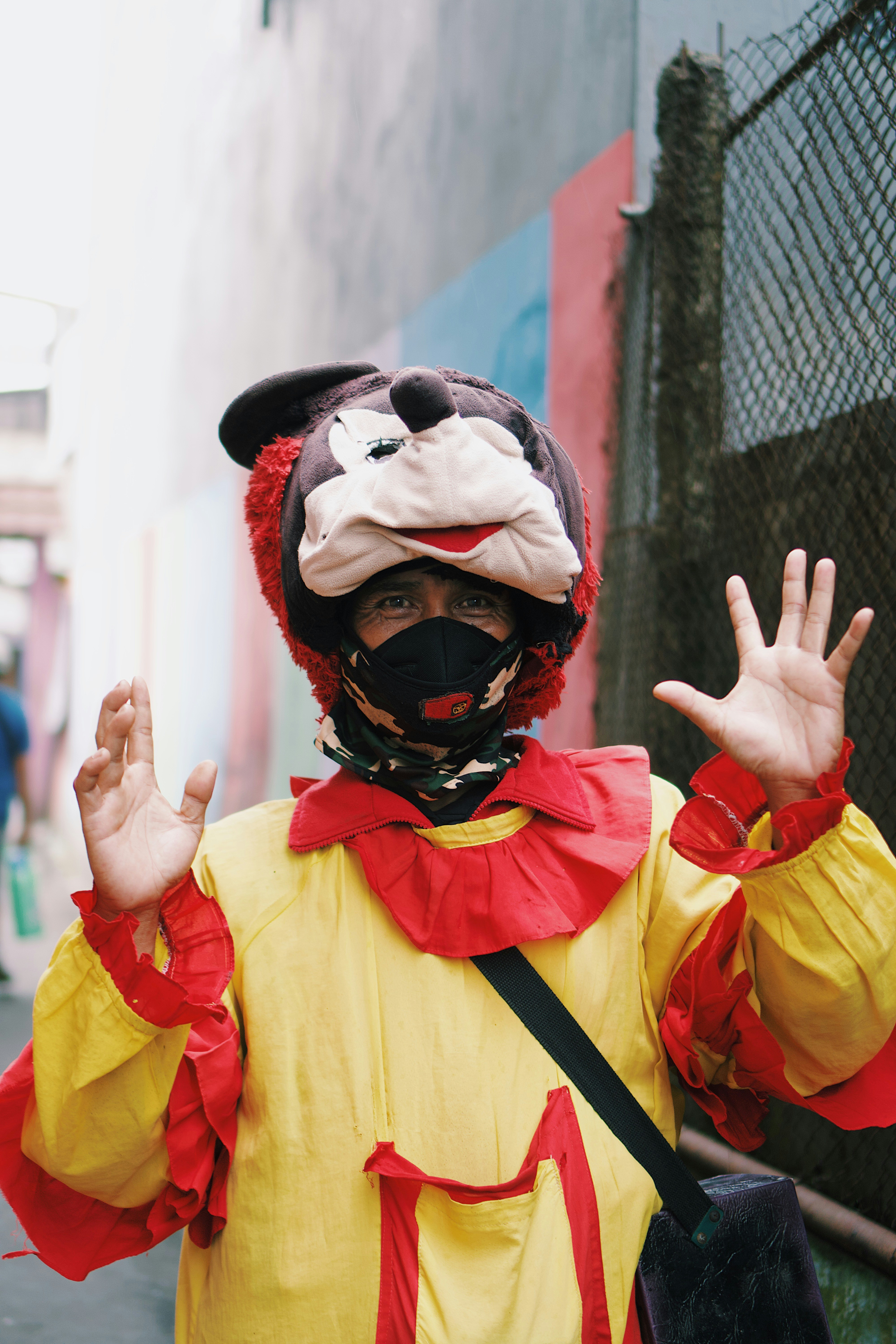 Neon Clown in a Furry Dog-Head Mask Waves in a Narrow Alley