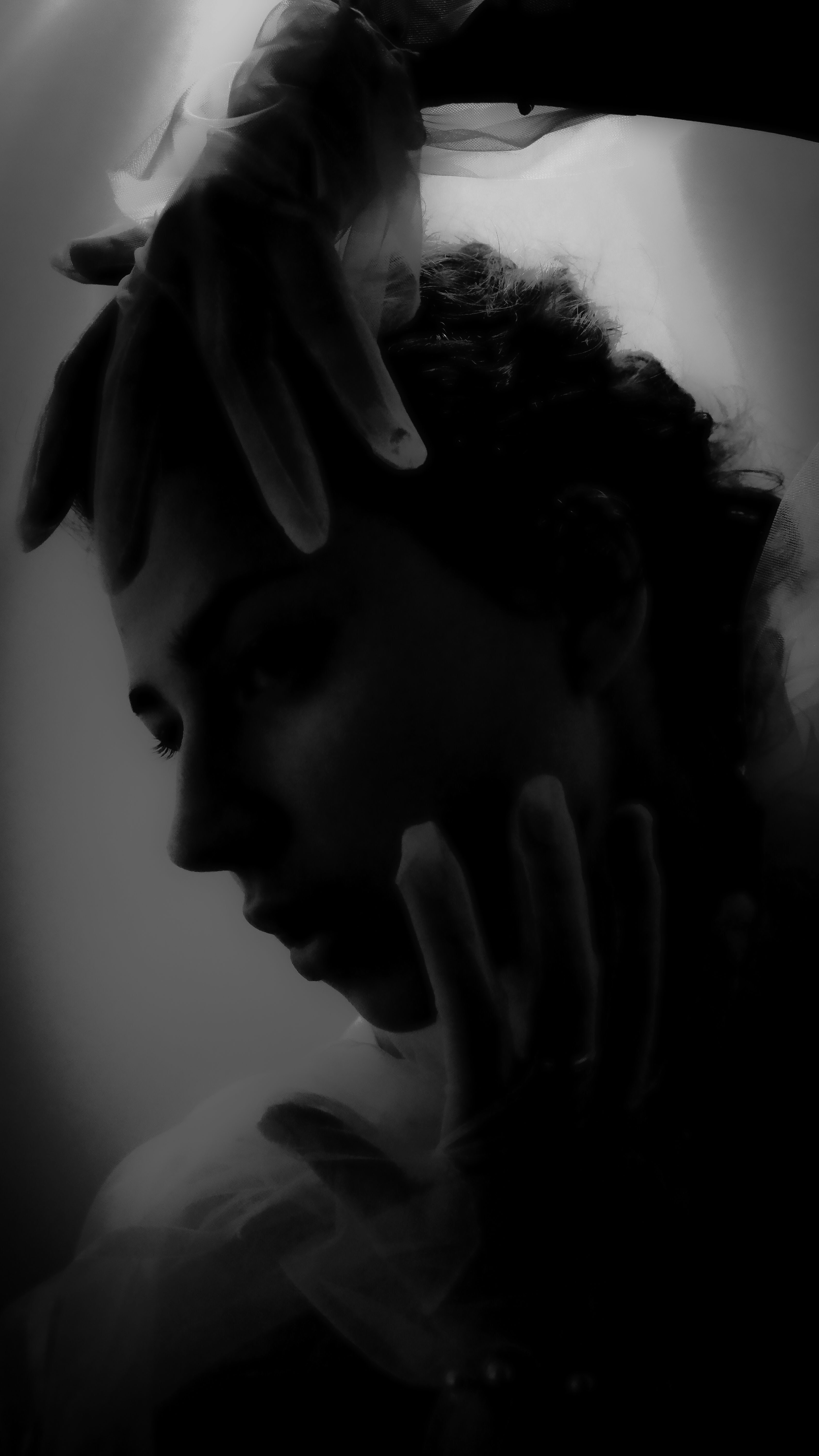 A monochromatic portrait showcasing a woman's profile, framed by delicate hands and soft fabric, evoking a sense of mystery and grace.
