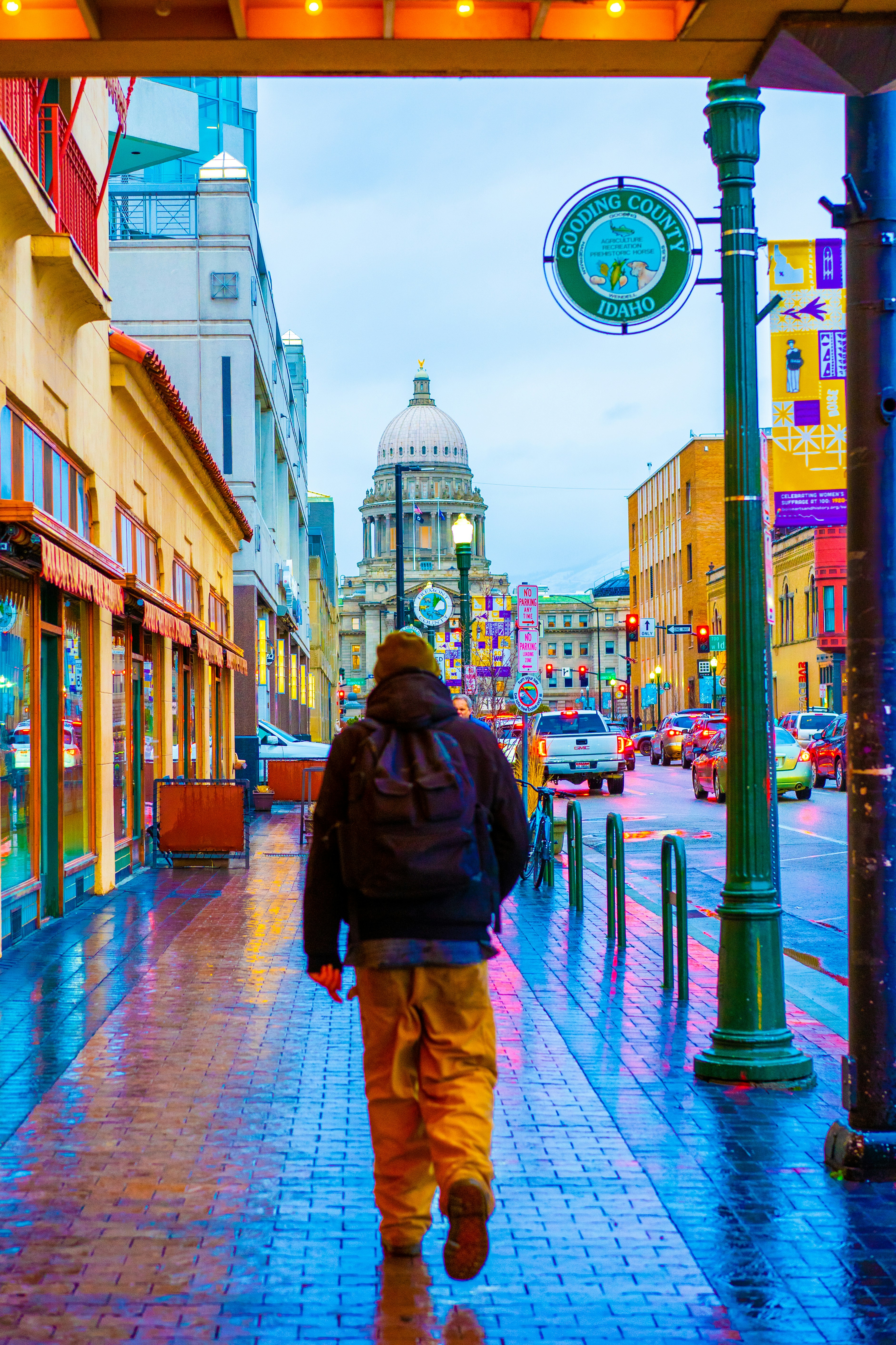 Evening Stroll Down a Rain-Washed Main Street toward the Capitol