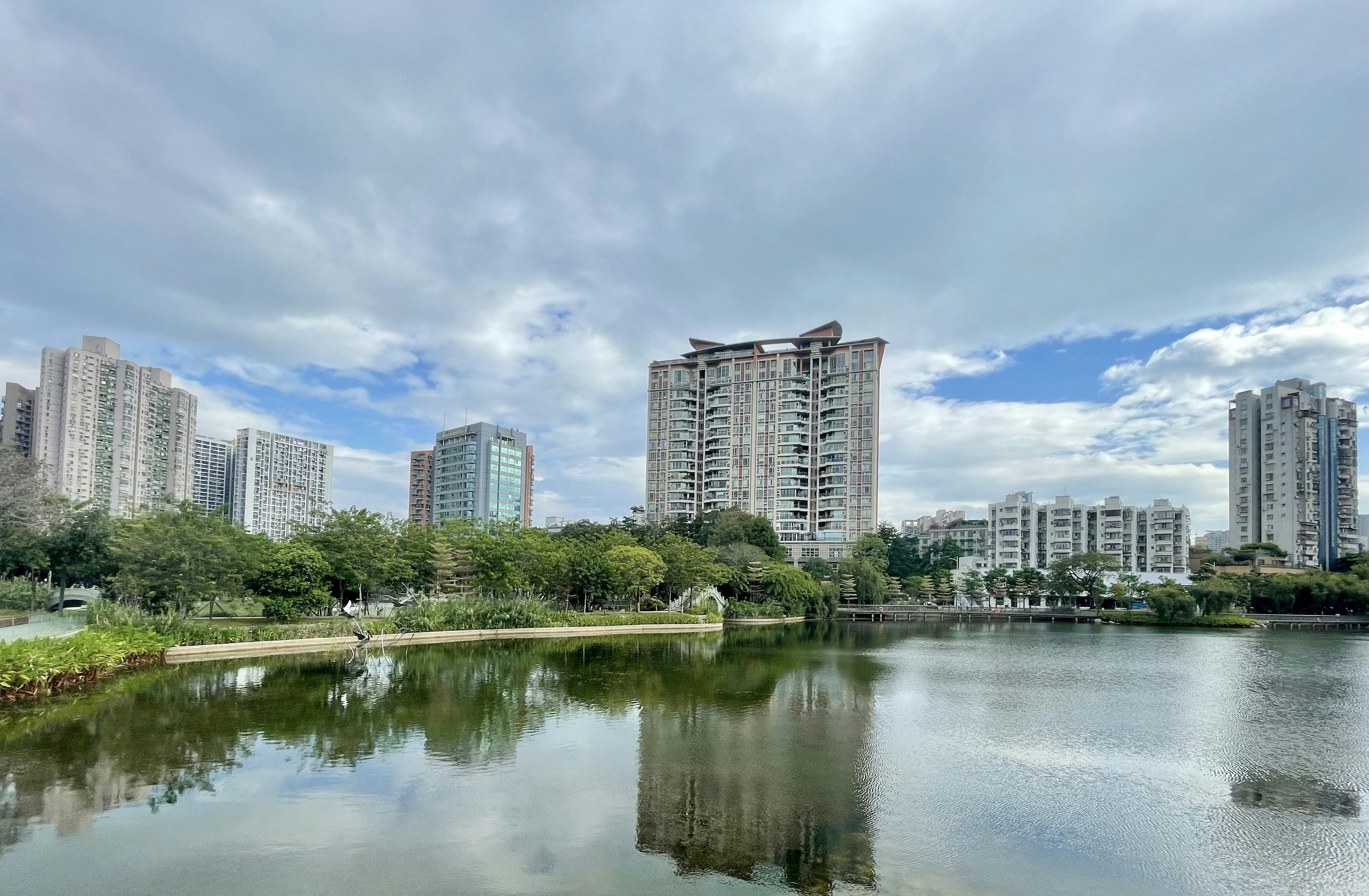 A body of water with trees and buildings in the background photo – Free ...